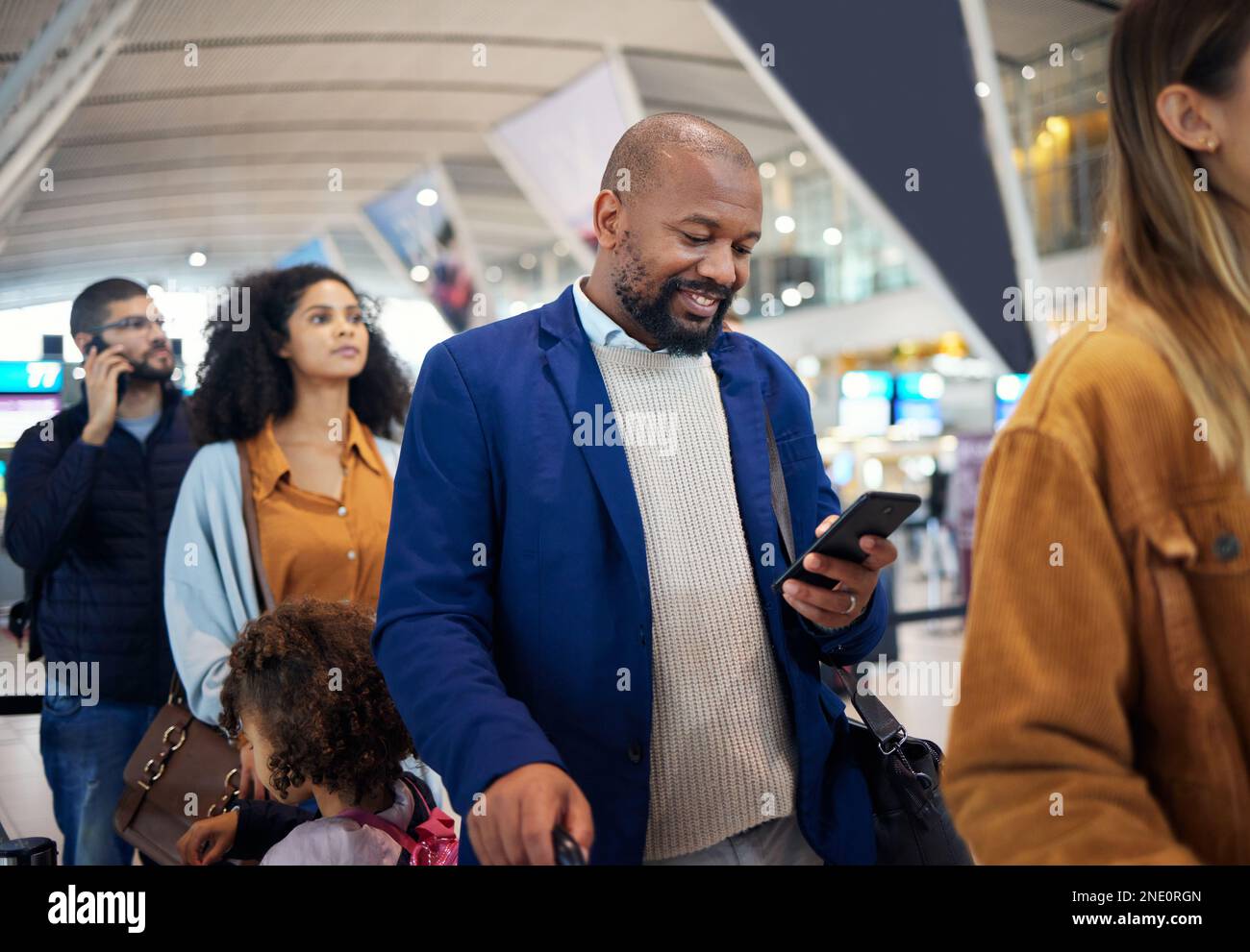 Travel, queue and phone with black man in airport for flight, vacation ...