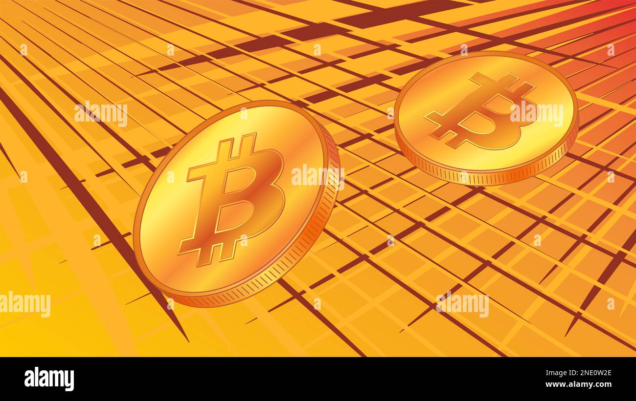 Bitcoin BTC coins on grid of lines on bright yellow background. BTC ...