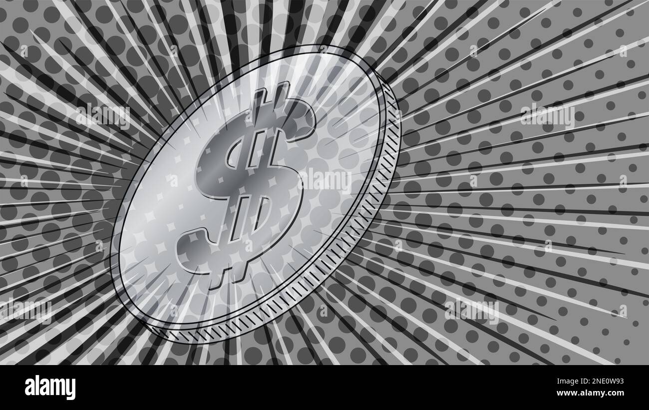 Coin with the sign of dollar USD styled for the 80s retro with rays in ...