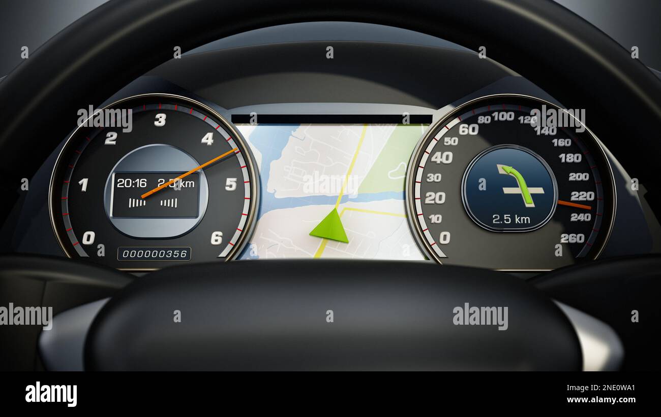 Modern sports car steering wheel and cocpit with navigation screen. 3D ...