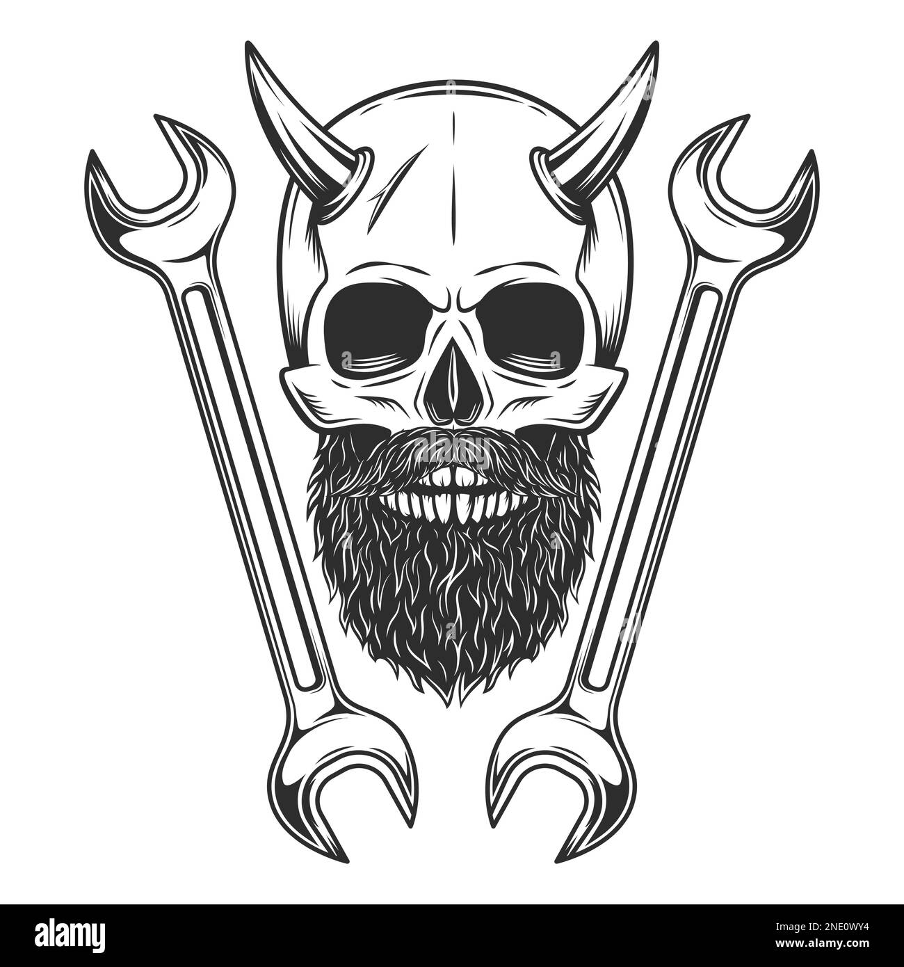 Skull with mustache and beard with horn and construction plumbing ...