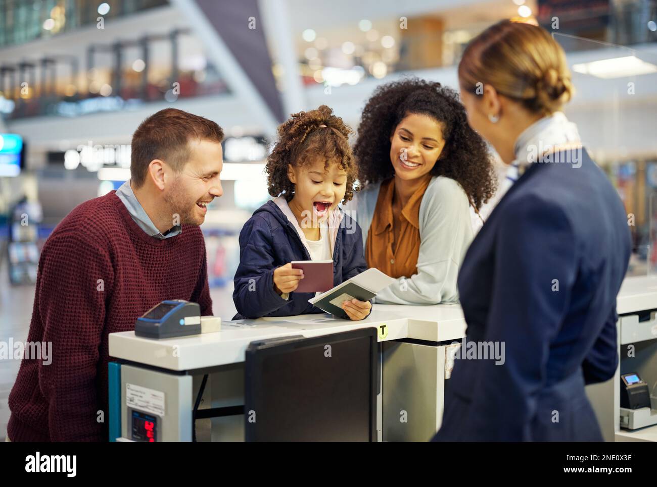 Family, travel and excited child with parents at airport with happiness ...