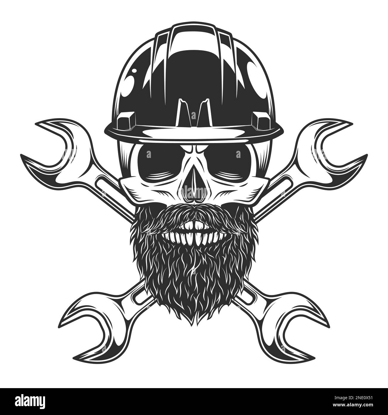 Skull with mustache and beard in hard hat helmet with construction ...