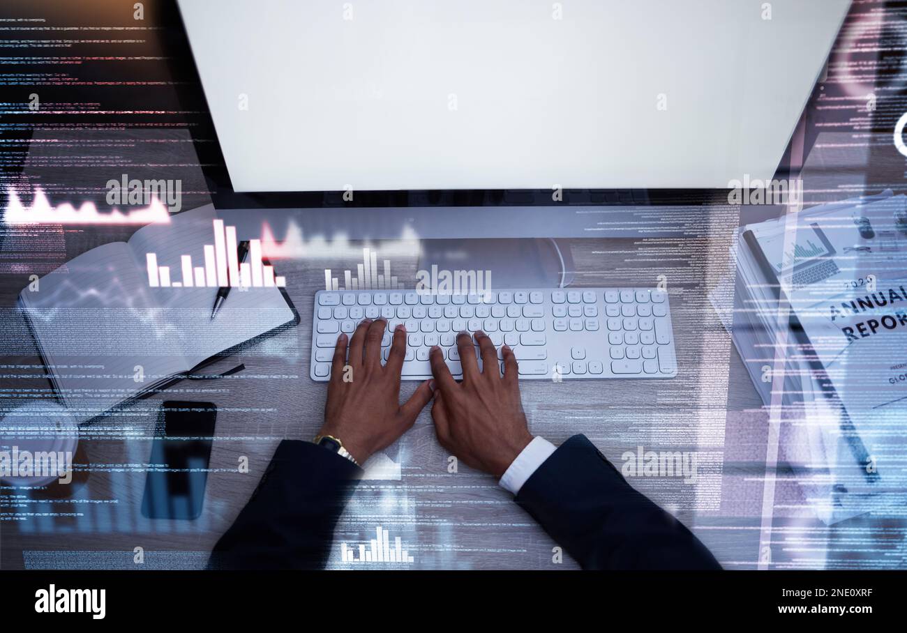 Hands, keyboard and typing on screen, mockup and fintech and digital ...
