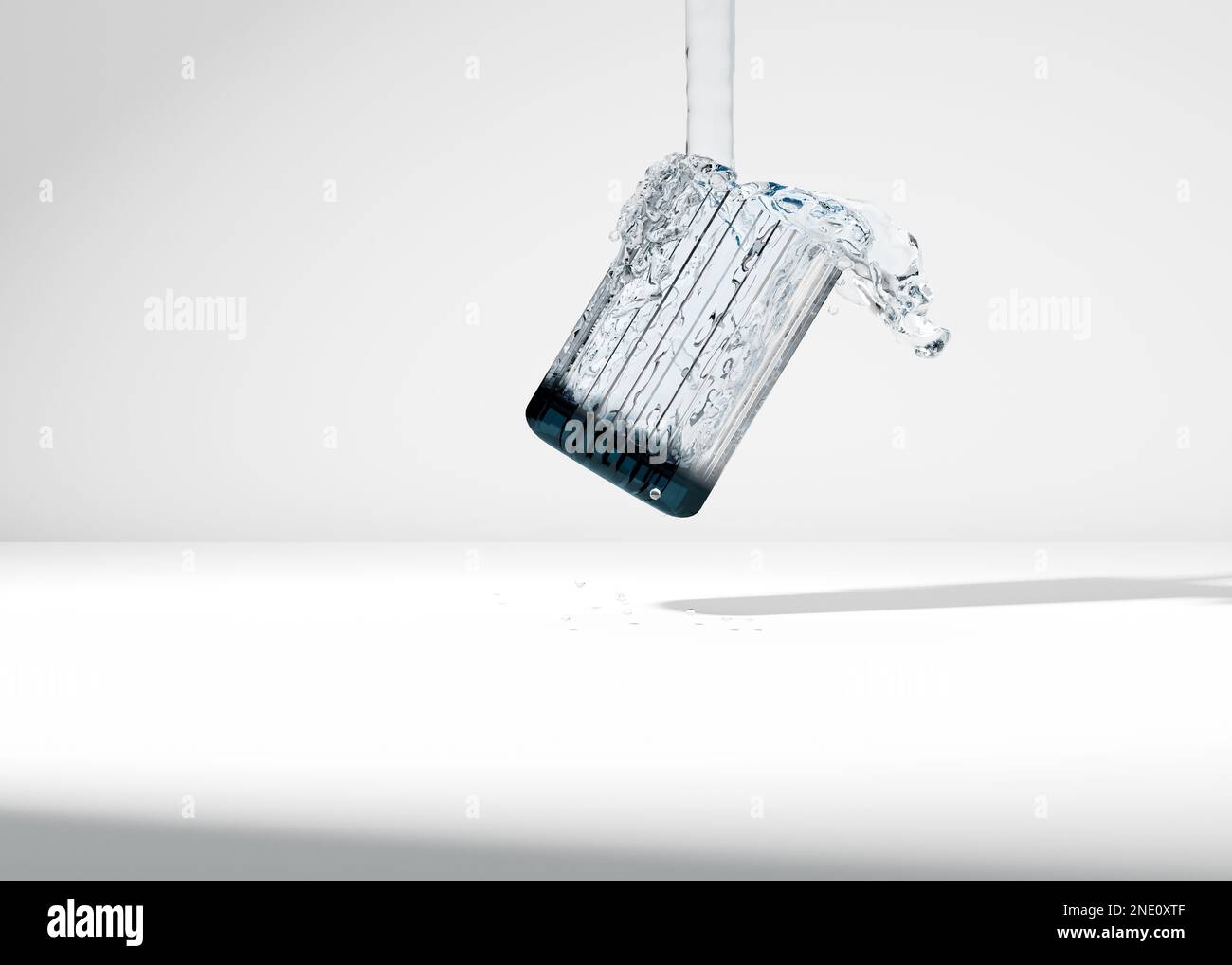 A 3d render of a Tilted half full glass with filling fresh water on a ...