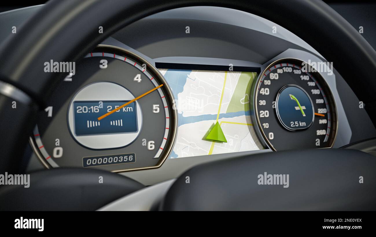 Modern sports car steering wheel and cocpit with navigation screen. 3D ...