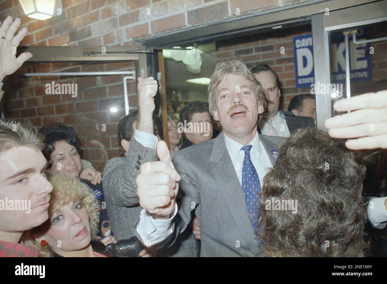 David Duke shouts to his supporters at he arrives at his Metairie ...