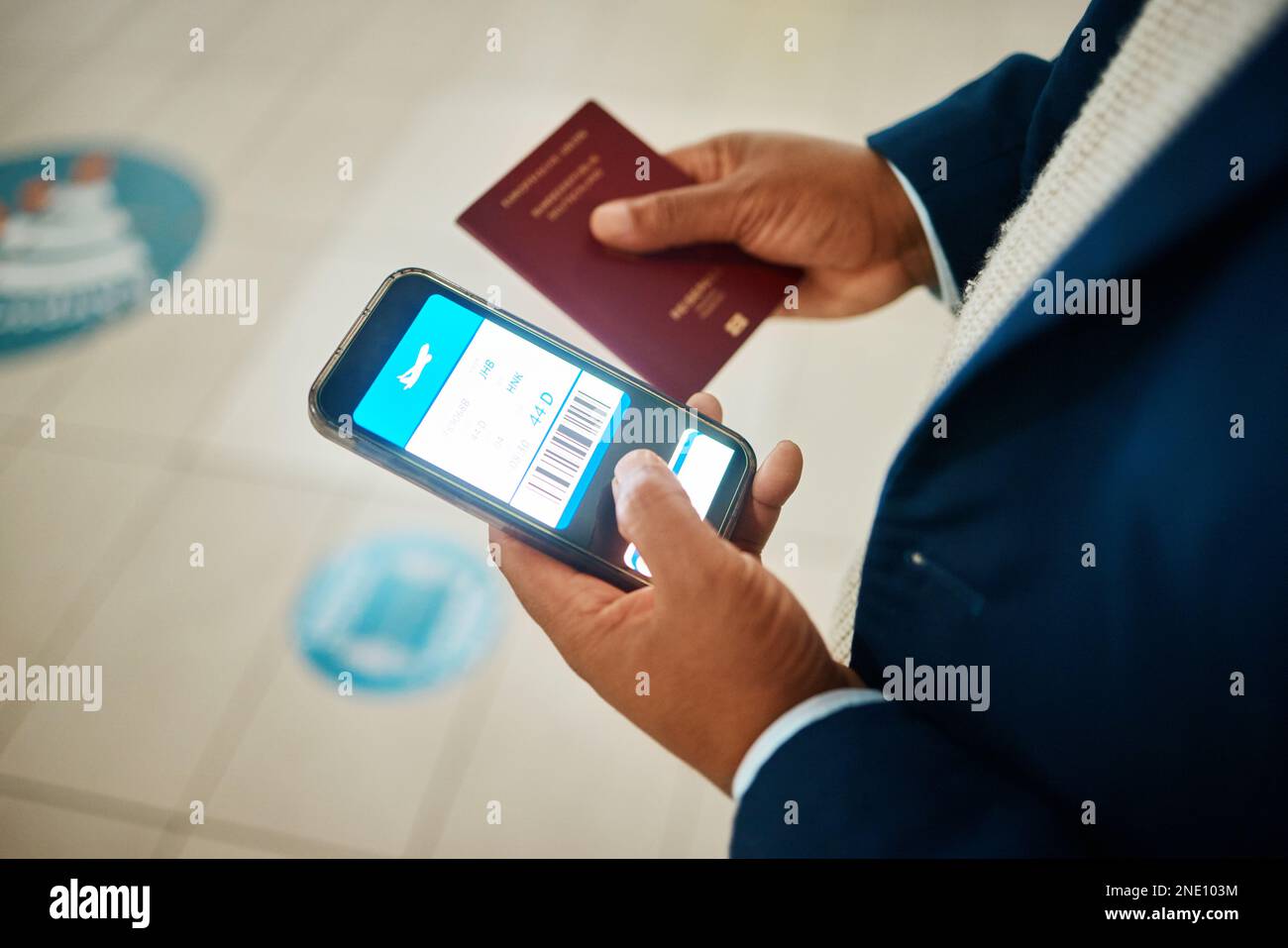 Airport, phone screen and passport in hands for booking online ticket ...