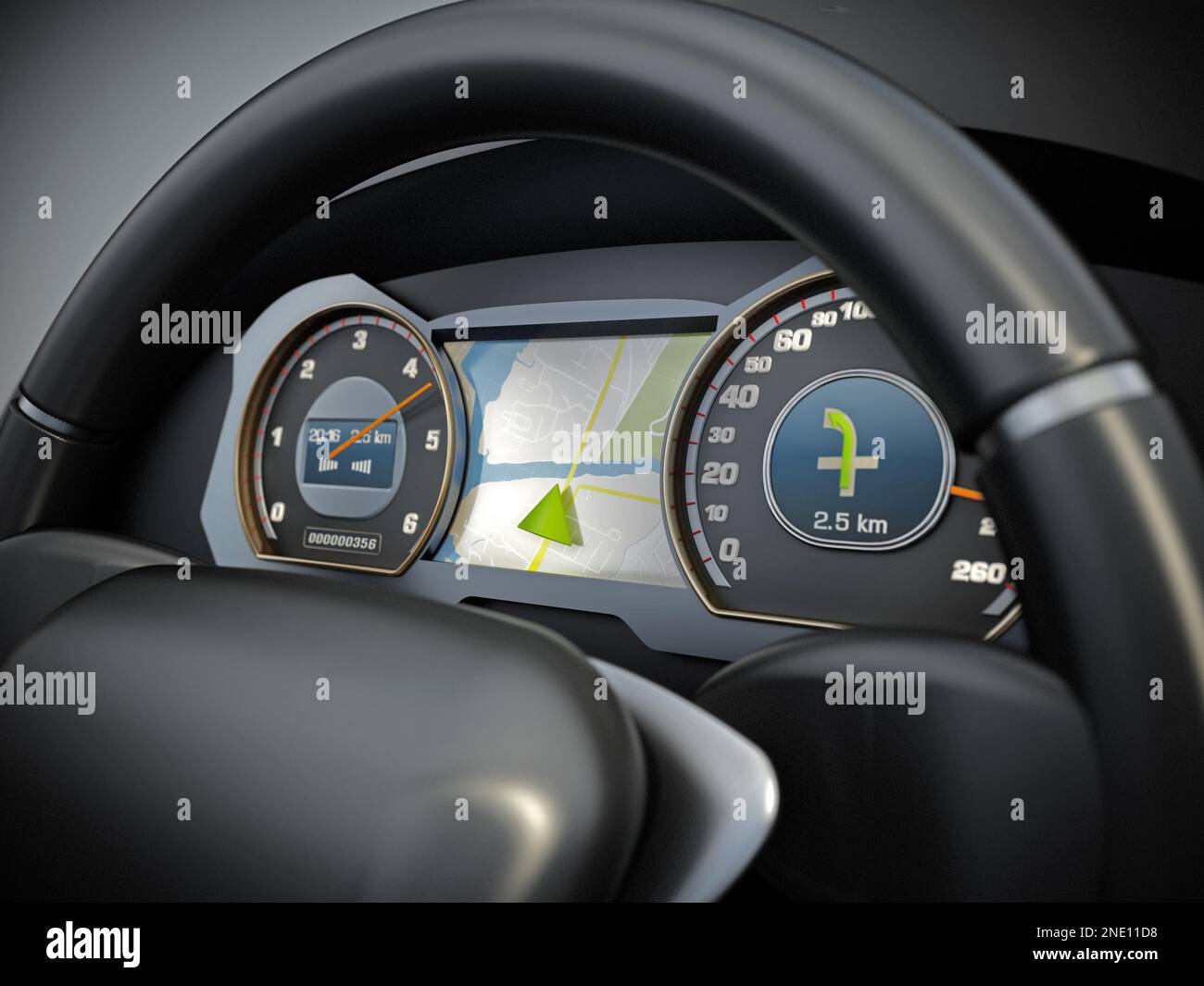 Modern sports car steering wheel and cocpit with navigation screen. 3D ...
