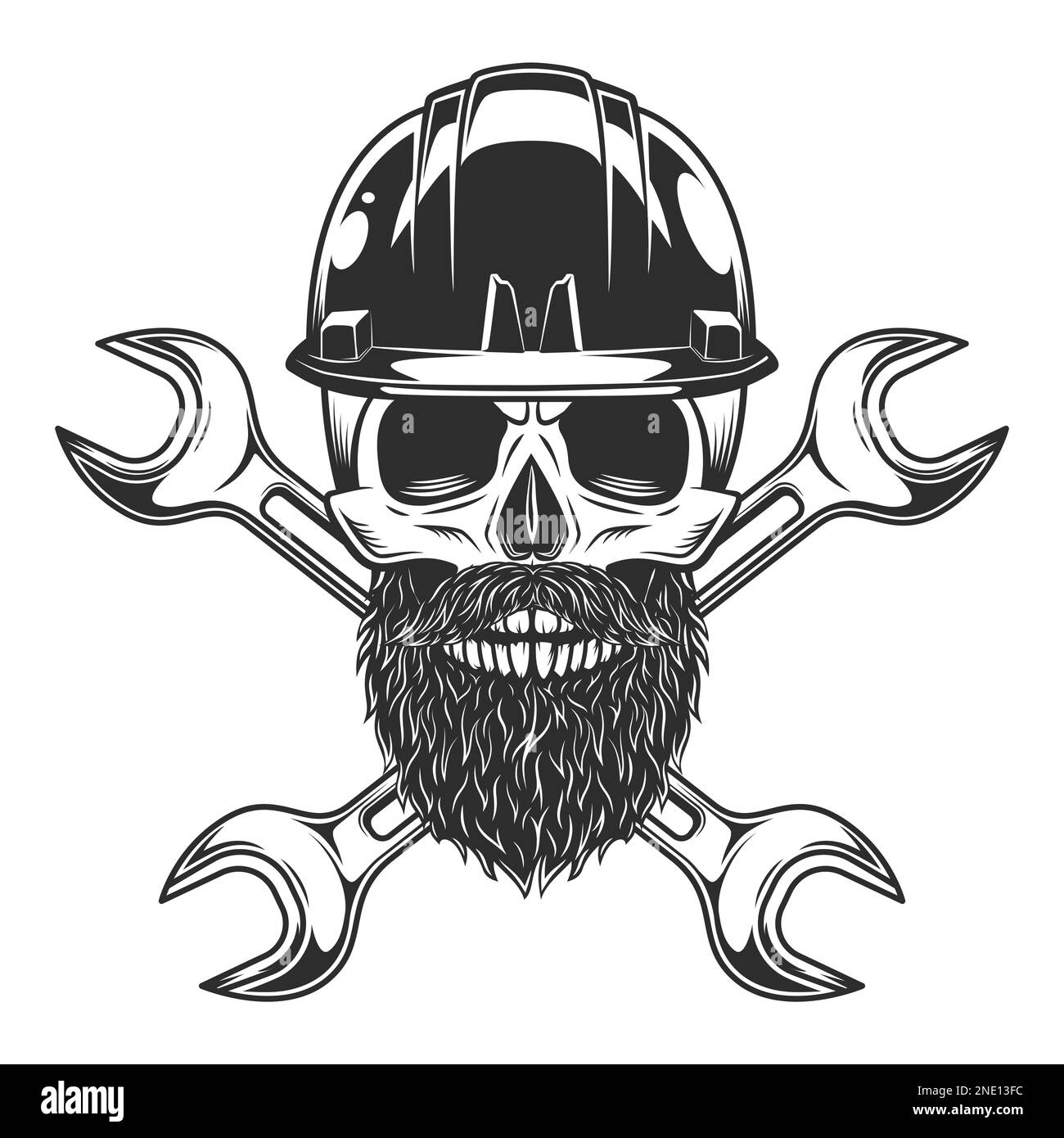 Skull with mustache and beard in hard hat helmet with construction ...