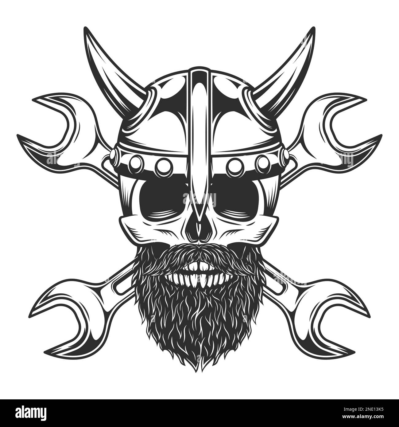 Viking skull with mustache and beard in horned helmet and construction ...