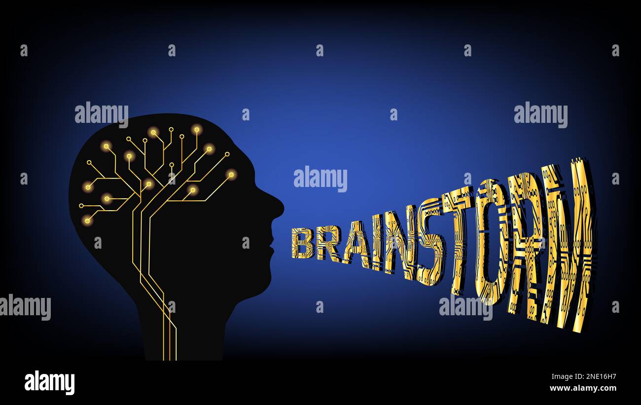Silhouette of human head with golden digital brain and word brainstorm ...