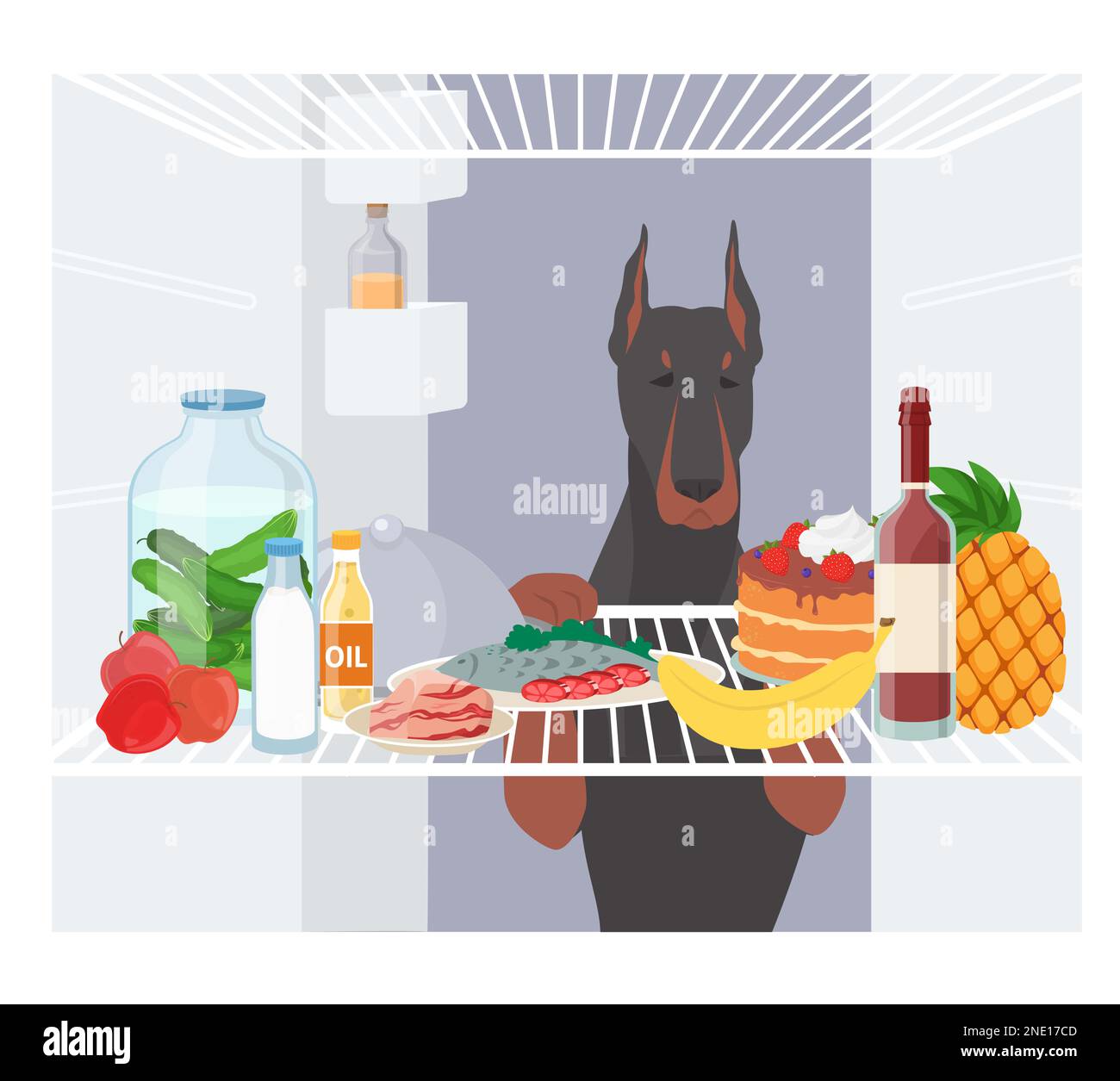 Hungry dog looking inside refrigerator flat vector Stock Vector Image ...