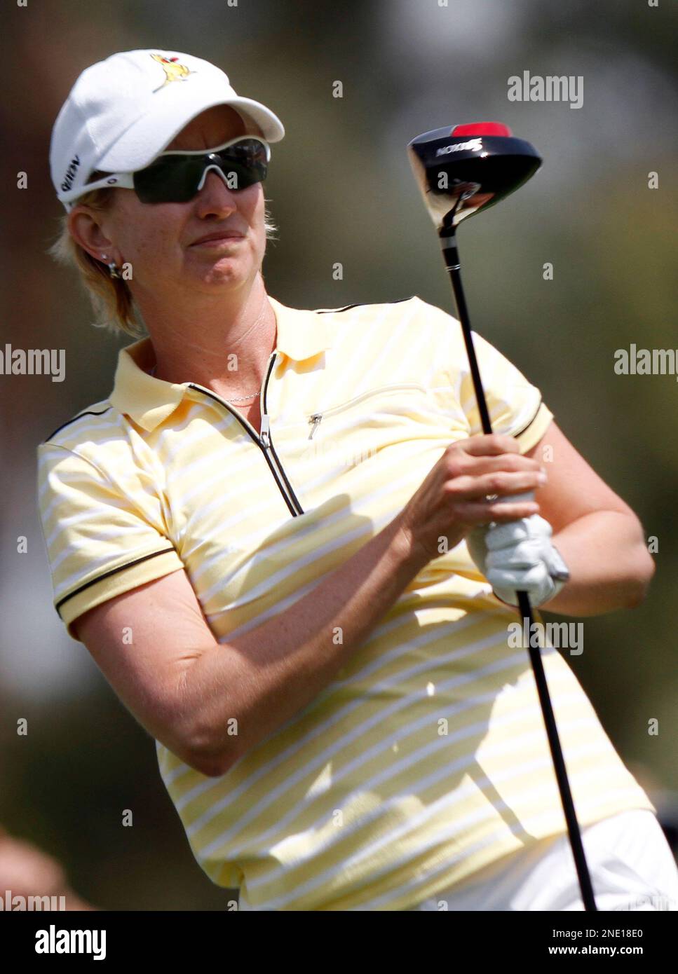 Karrie Webb, of Australia, watches her drive on the third hole during ...