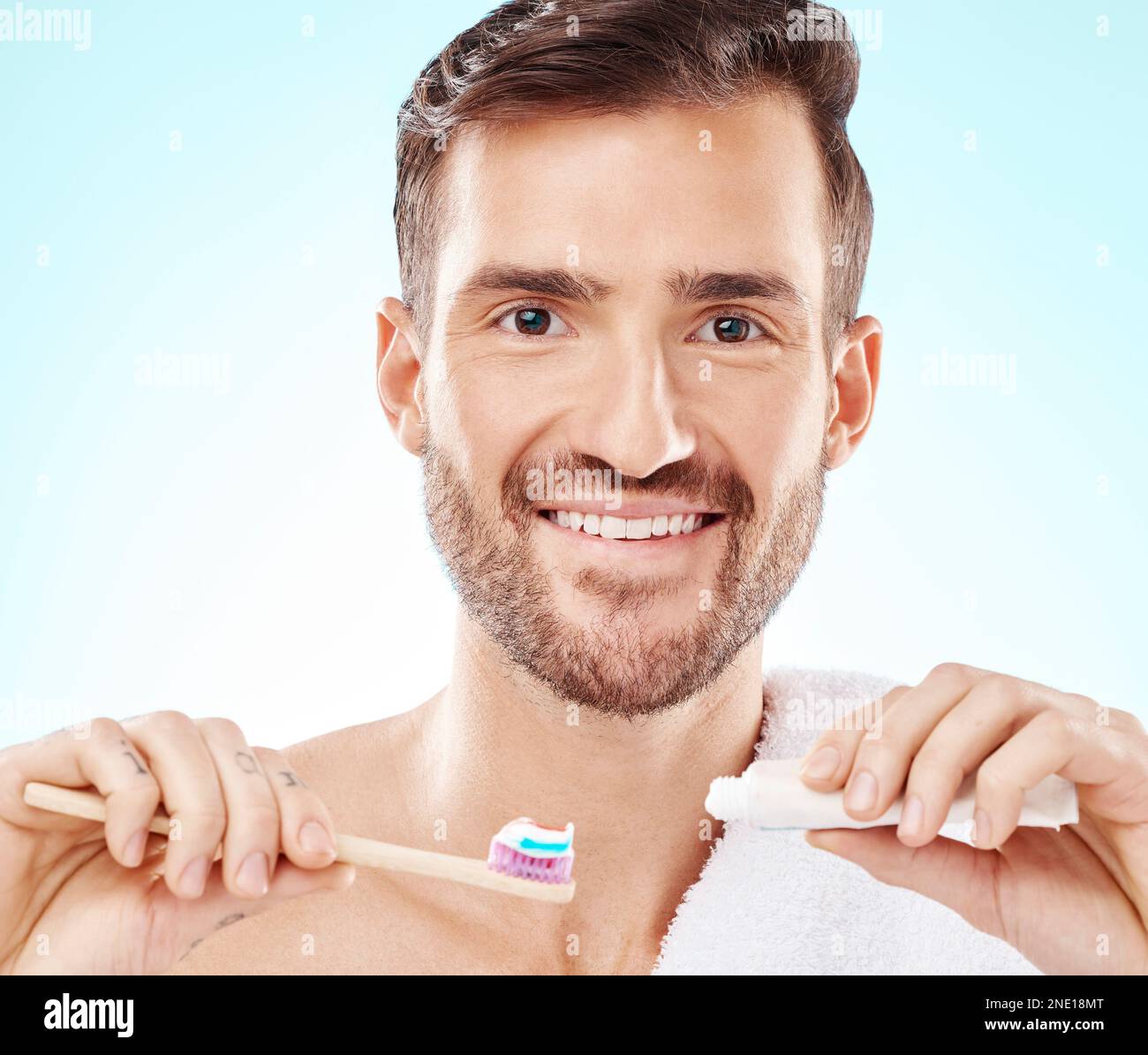 Smile, portrait or happy man brushing teeth with dental toothpaste for healthy oral hygiene ...