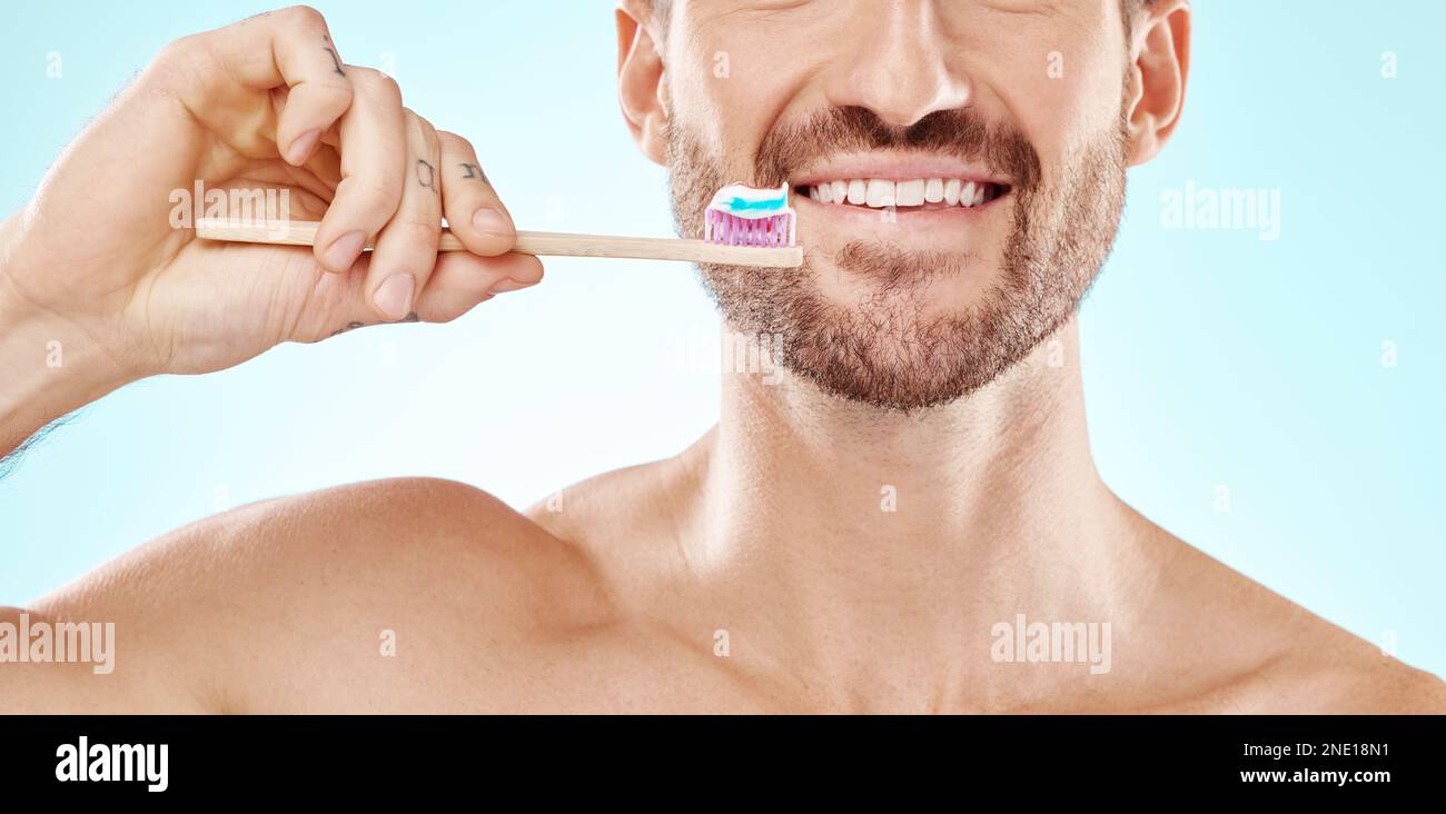 Smile, mouth or man brushing teeth with dental toothpaste for healthy ...