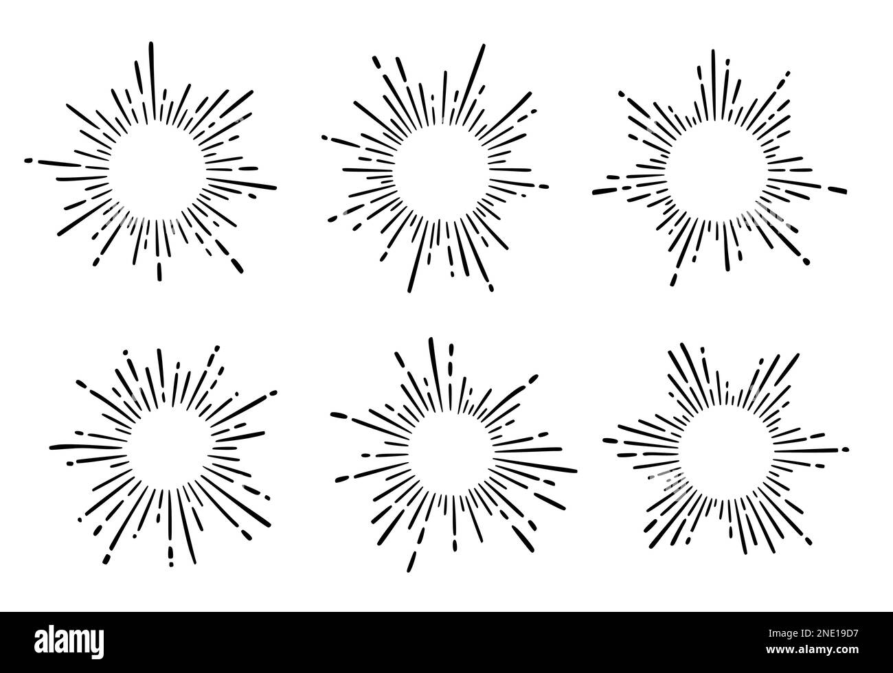Sunburst ray vintage frame element set. Star burst ray hand drawn shine ...