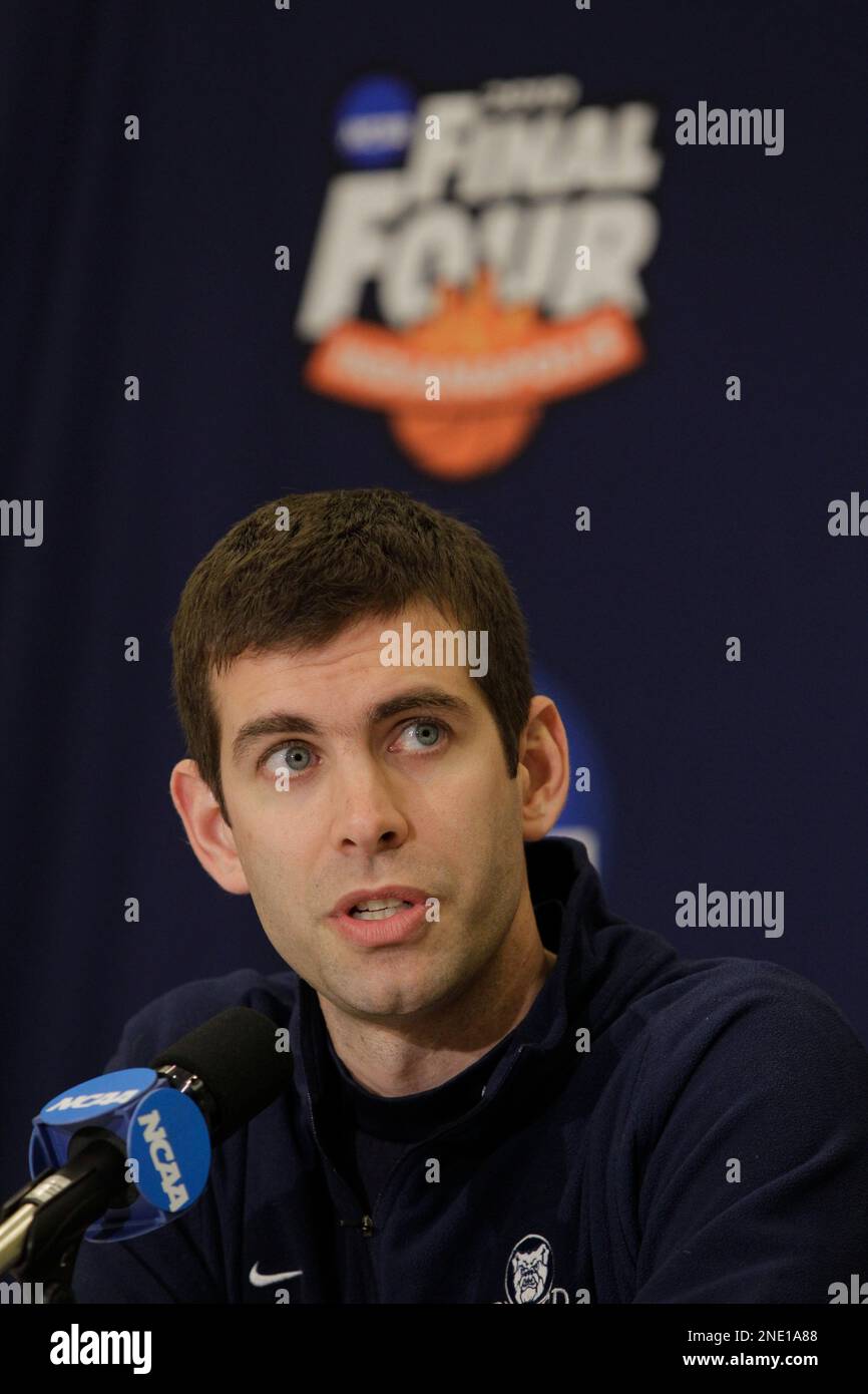 Butler head coach Brad Stevens speaks during an interview session for ...