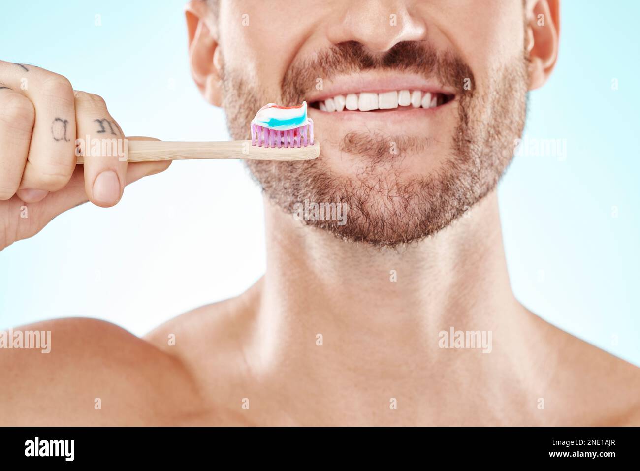 Smile, mouth or happy man brushing teeth with dental toothpaste for ...