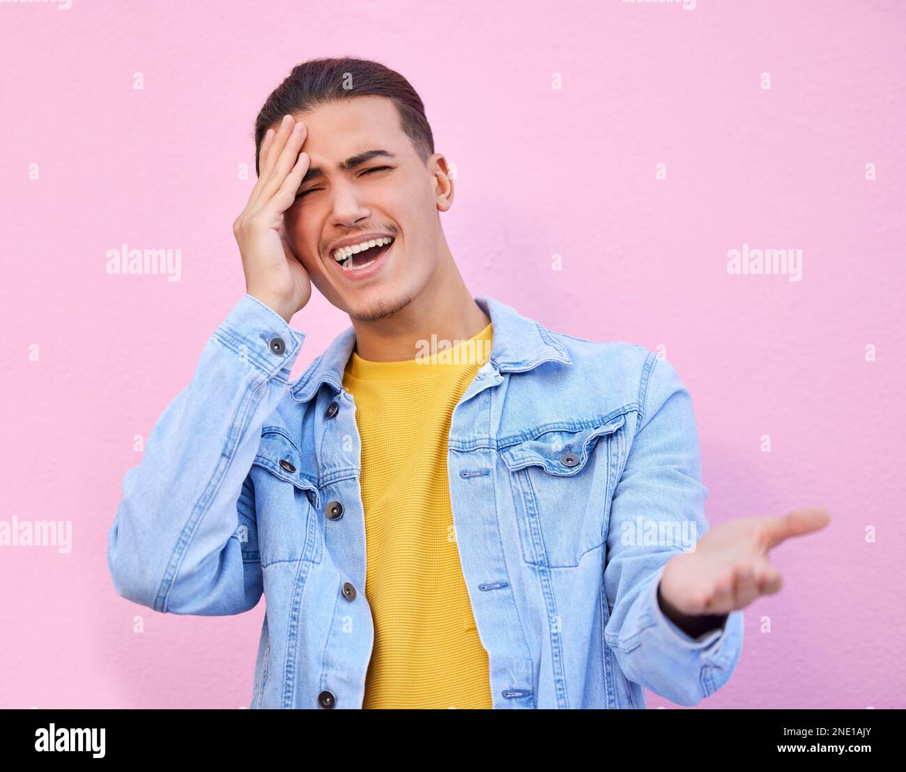 Confused, portrait and man with a headache pain isolated on a pink ...
