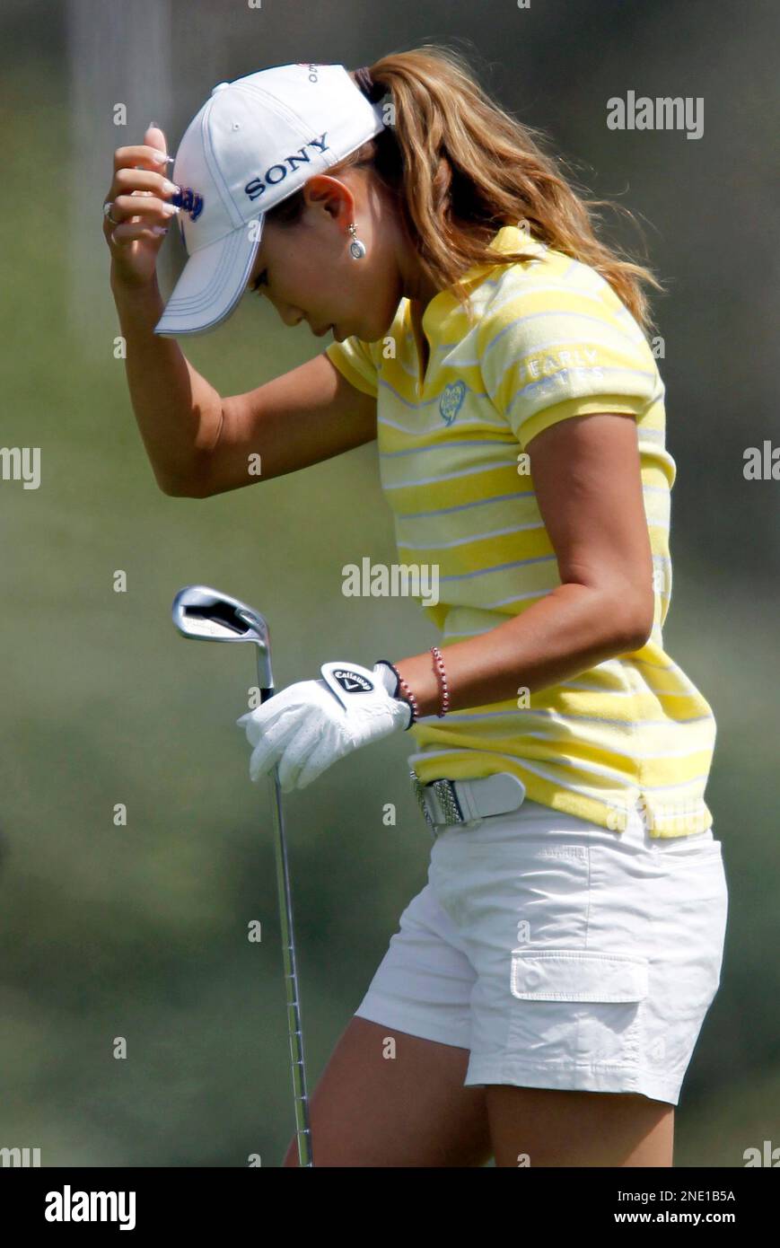 Momoko Ueda, of Japan, reacts after her tee shot on the fifth hole ...