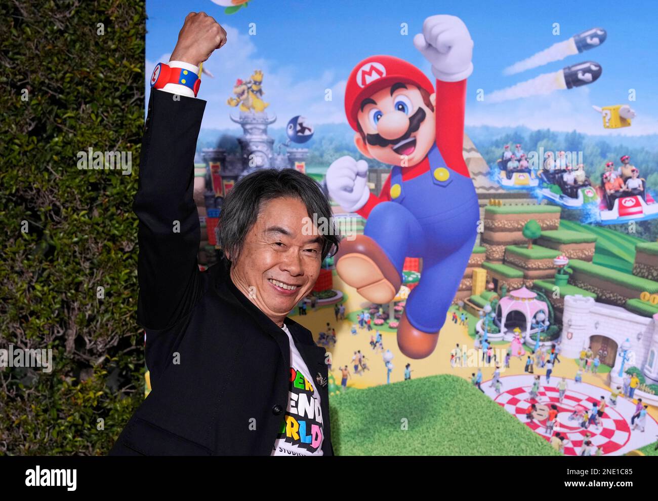 Shigeru Miyamoto poses at the Super Nintendo World grand opening press ...
