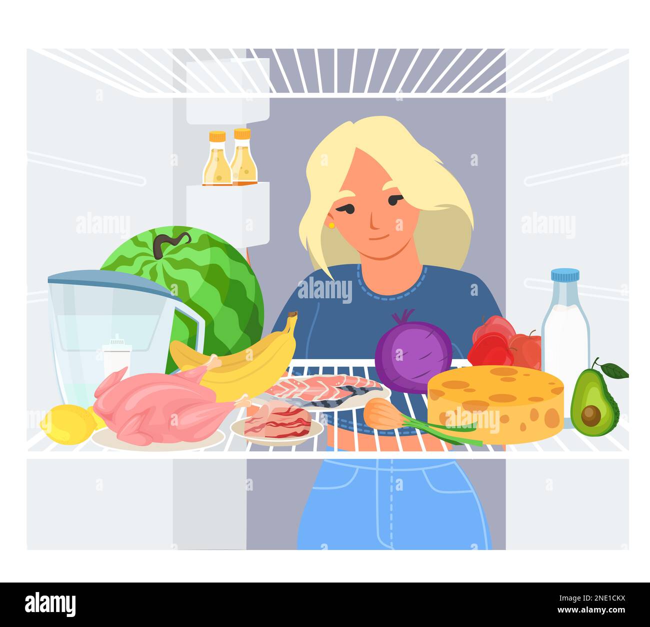 Vector young girl looking inside opened refrigerator Stock Vector Image ...