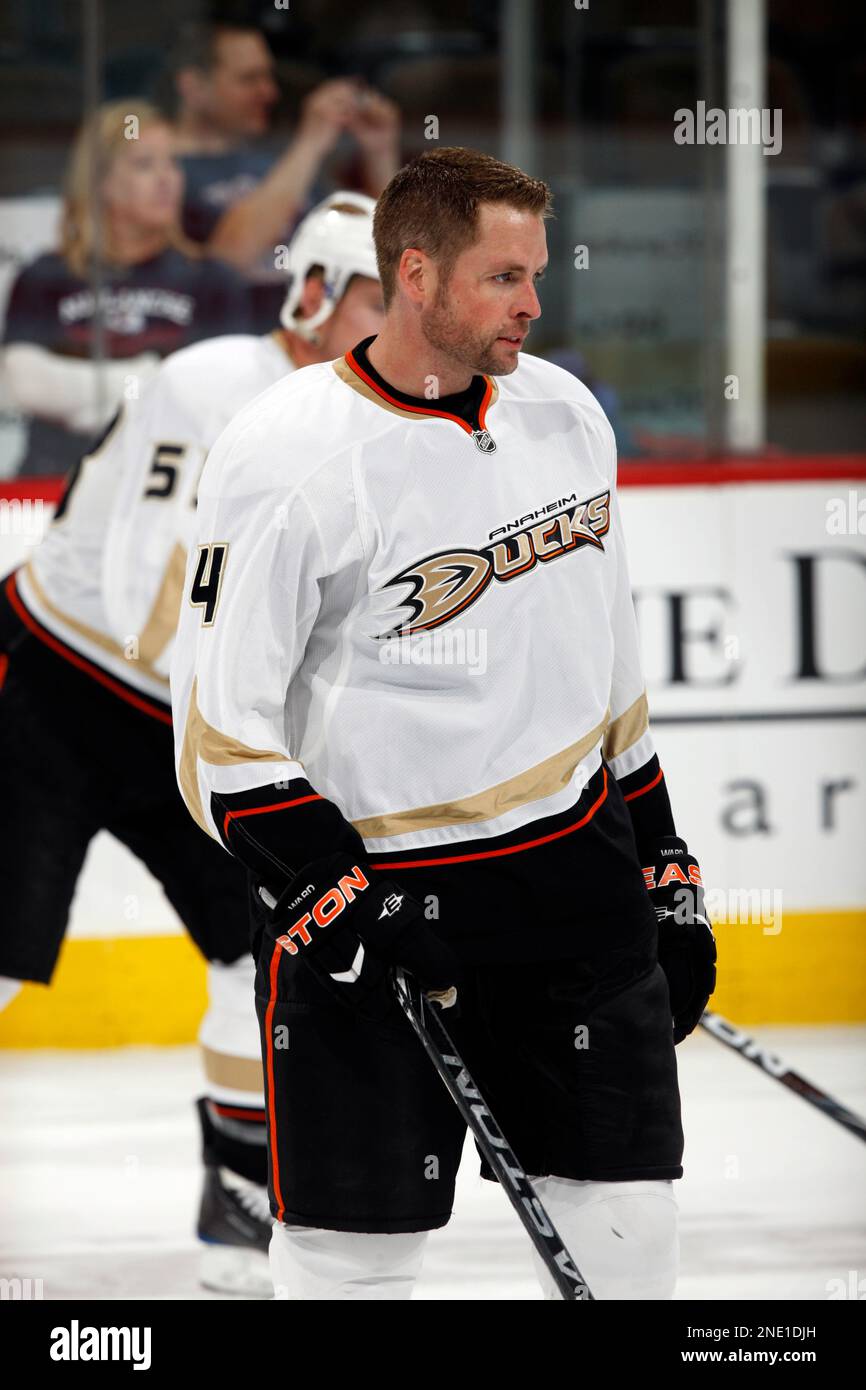 Anaheim Ducks defenseman Aaron Ward warms up before facing the Colorado ...