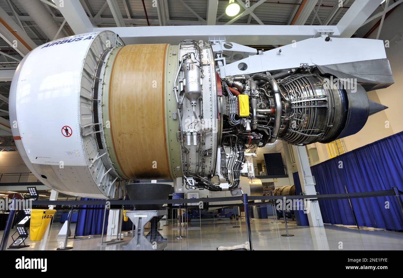 A GP7000 turbofan engine is seen during a media day tour at Pratt ...