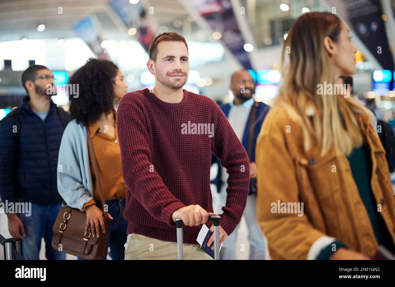 Travel, queue and smile with man in airport for vacation, international ...