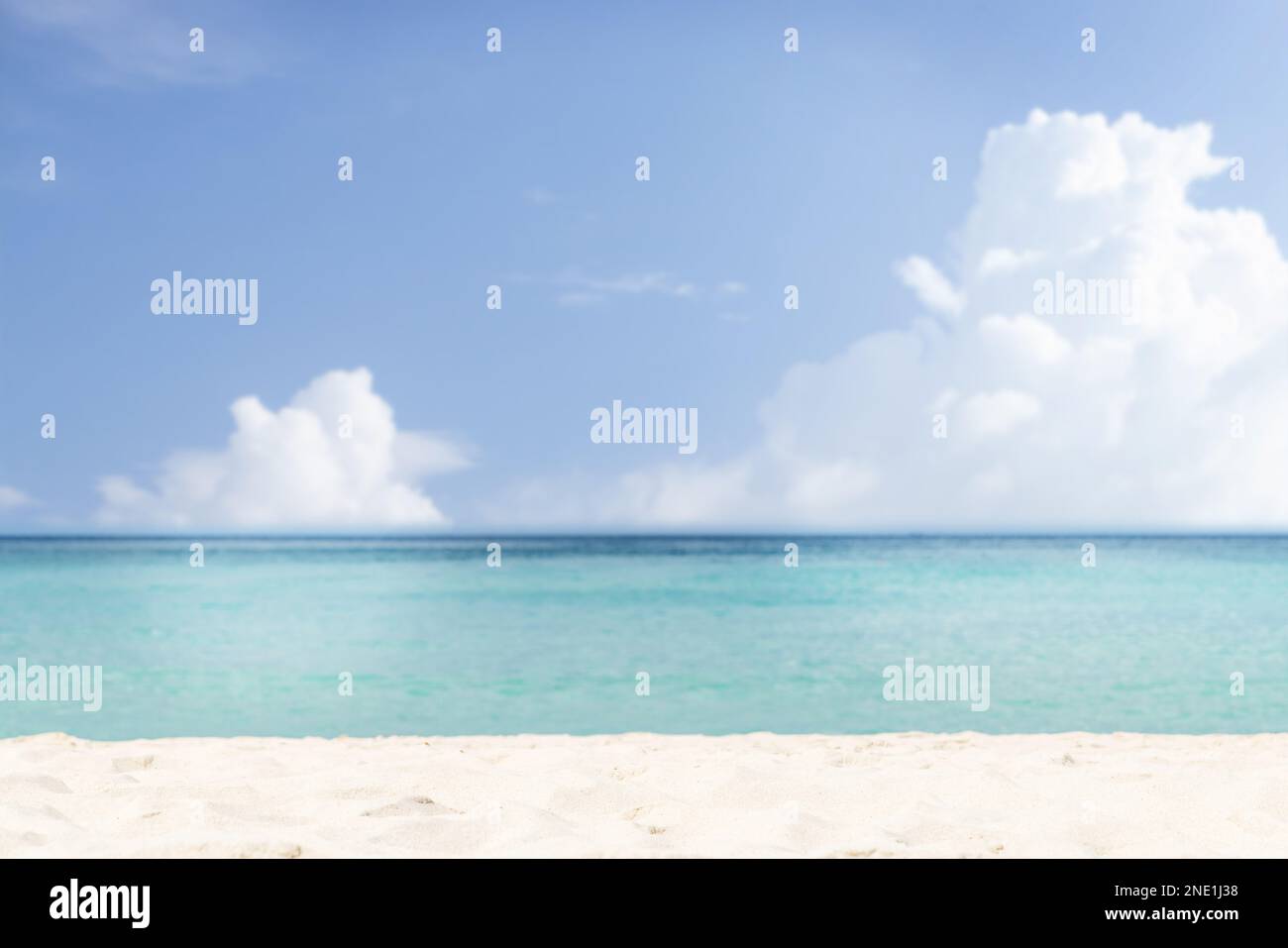 Bright sand beach, sea and beautiful sunny sky with clouds. Travel ...
