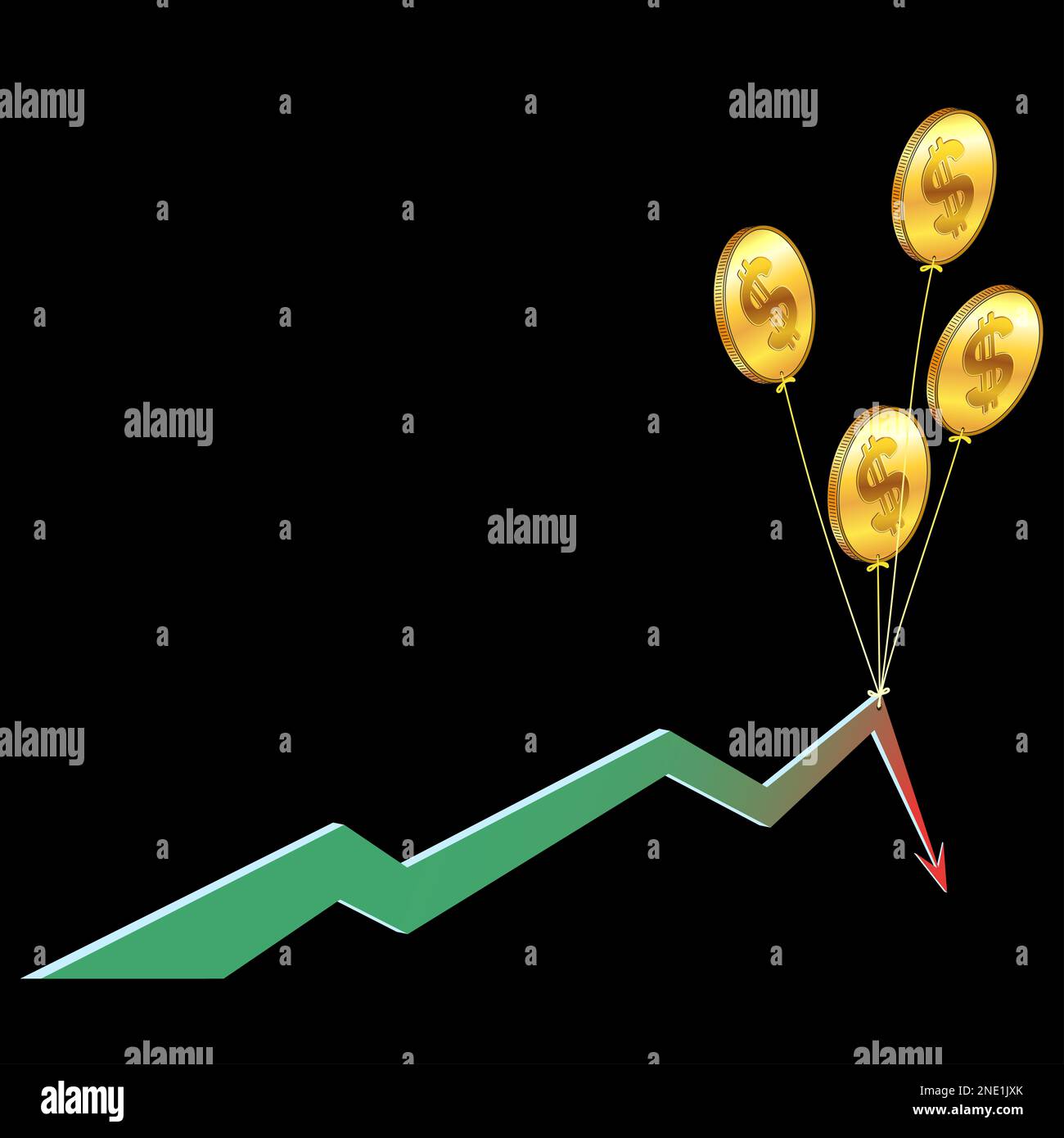 Balloons in form of golden American dollars coins hold falling chart ...