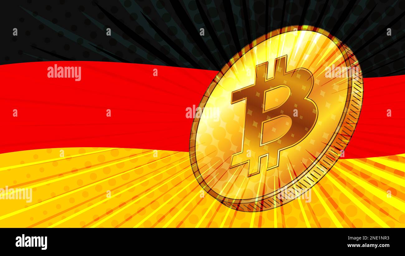 Gold coin of Bitcoin BTC and colored flag of Germany on background ...