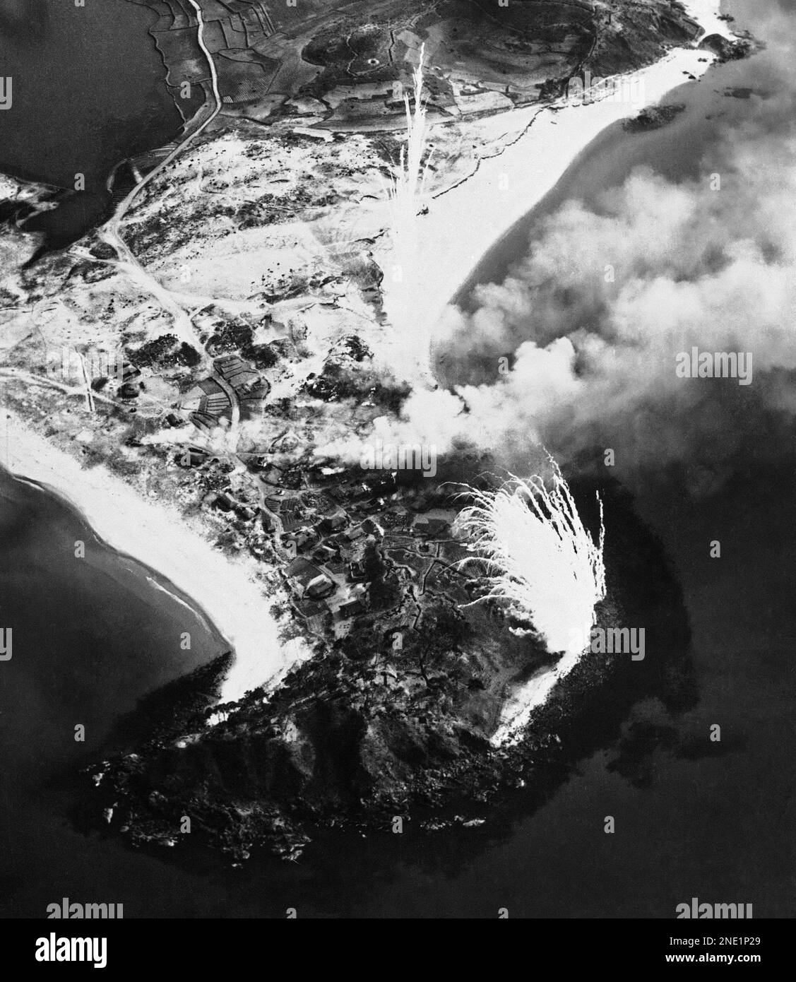Flaming Pyrotechnics from white phosphorus shells fired by allied naval ...