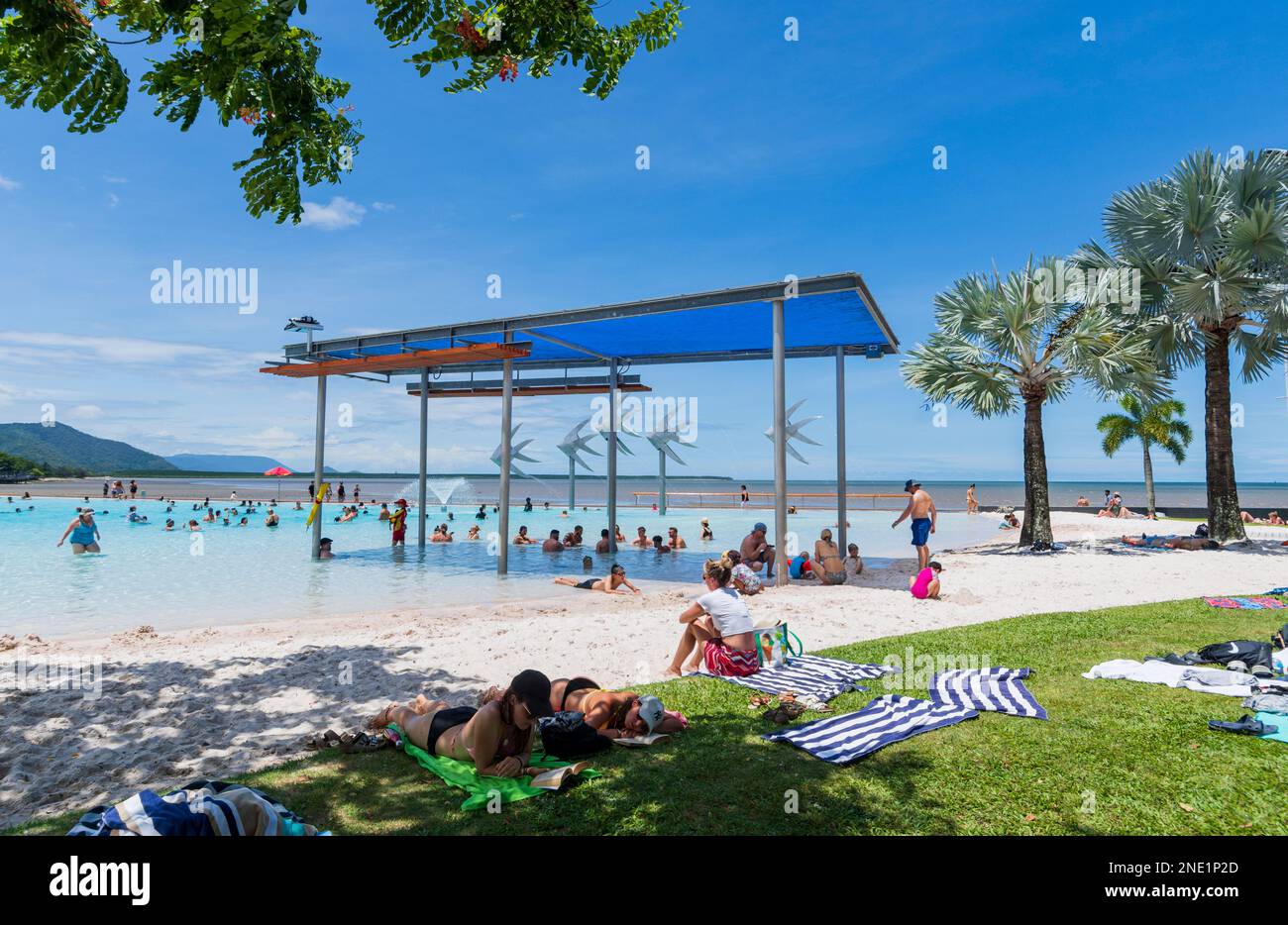 People swimming in the iconic Cairns Esplanade Lagoon, a popular ...