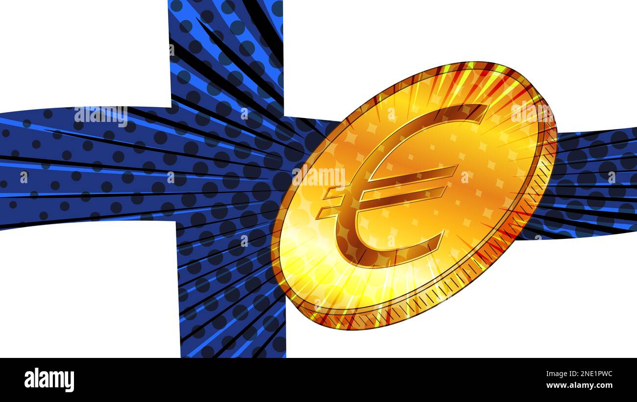 Finland flag and Golden coin with sign currency Euro EUR. CBDC concept ...