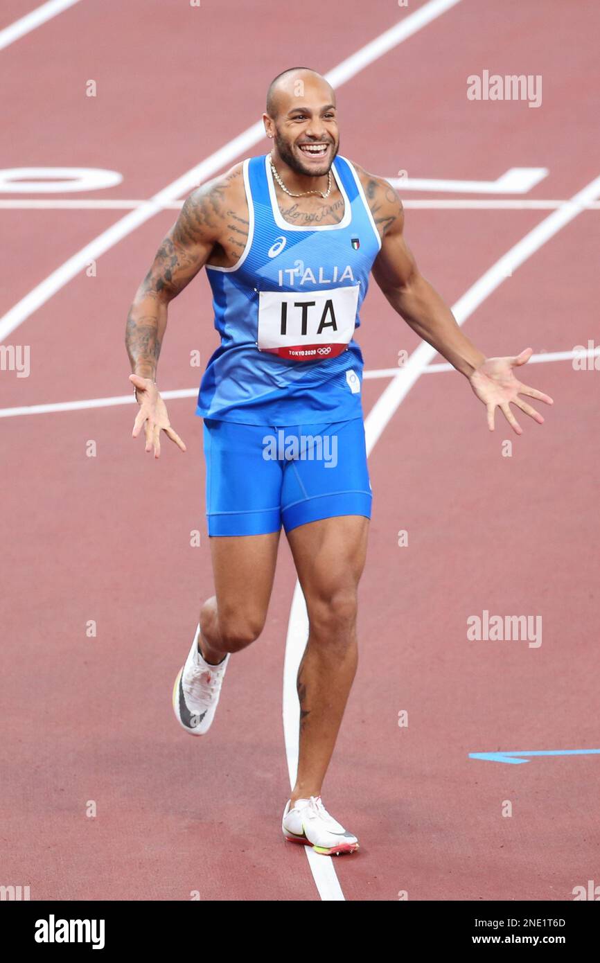 AUG 06, 2021 - Tokyo, Japan: Marcell JACOBS of Italy reacts to winning ...