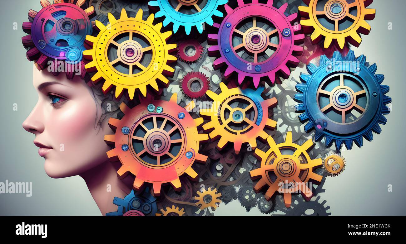 Multi-colored gears in the head of a person, people with mechanisms in ...