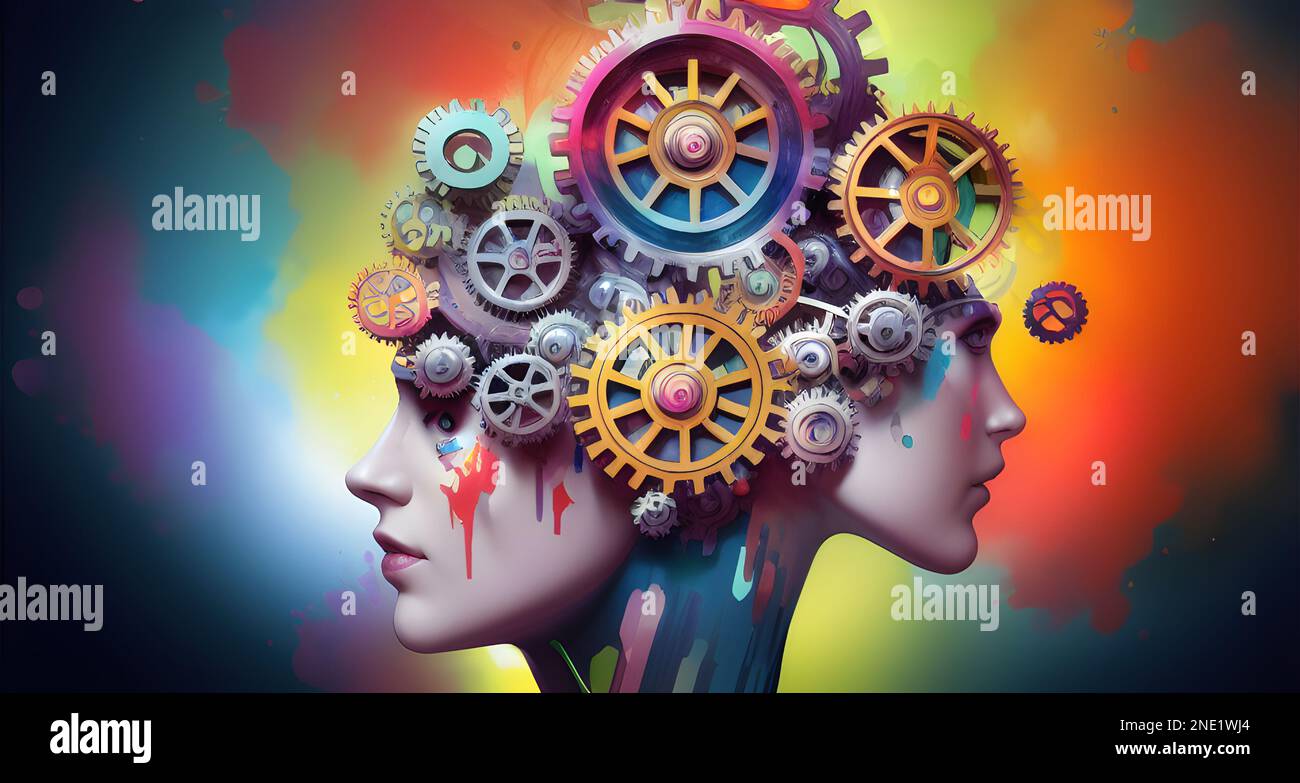 Multi-colored gears in the head of a person, people with mechanisms in ...