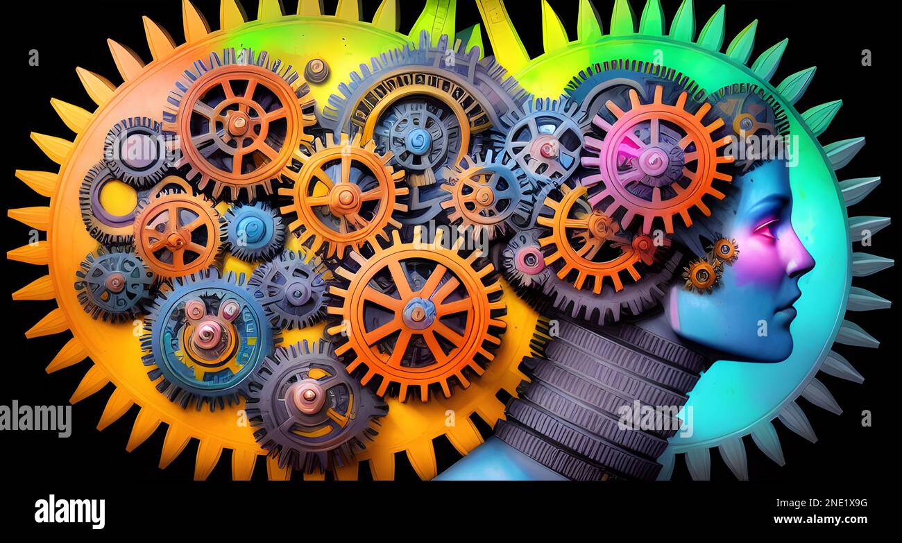 Multi-colored gears in the head of a person, people with mechanisms in ...
