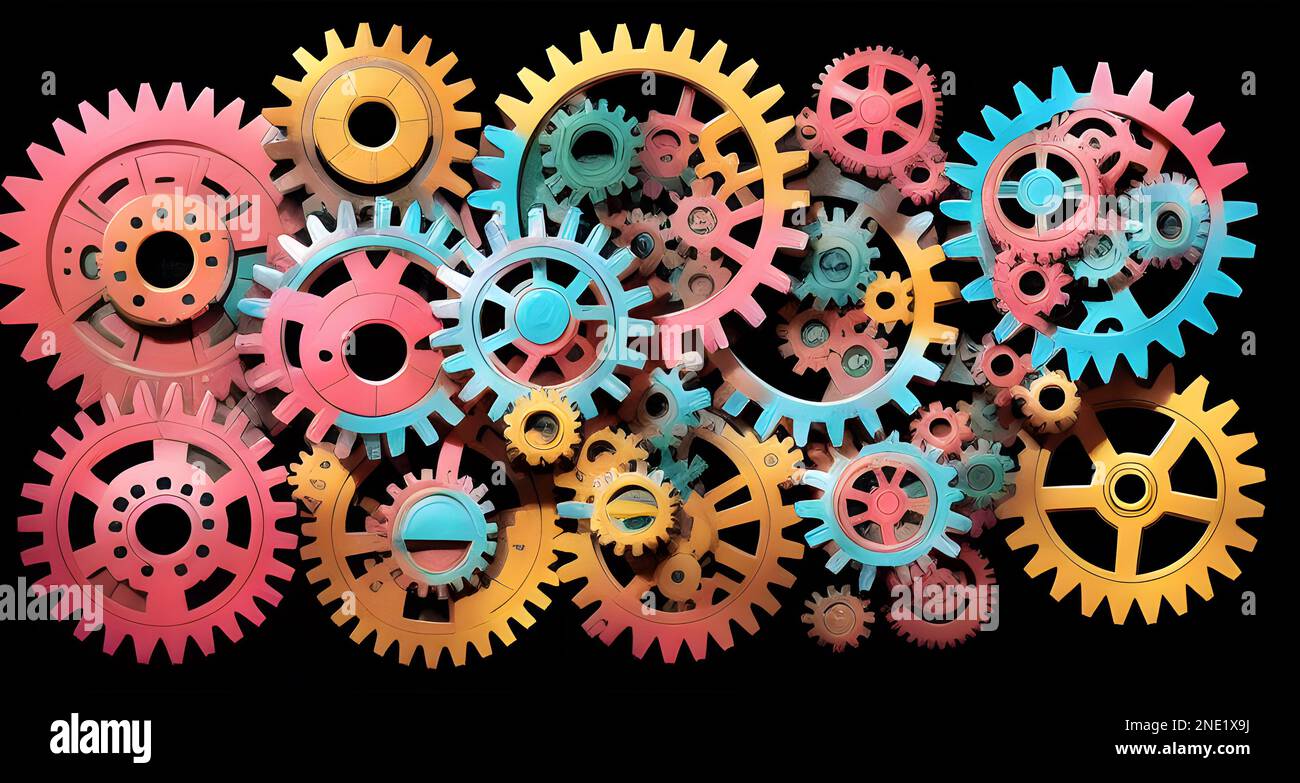 Multi-colored gears on a black background, for interior design in a ...