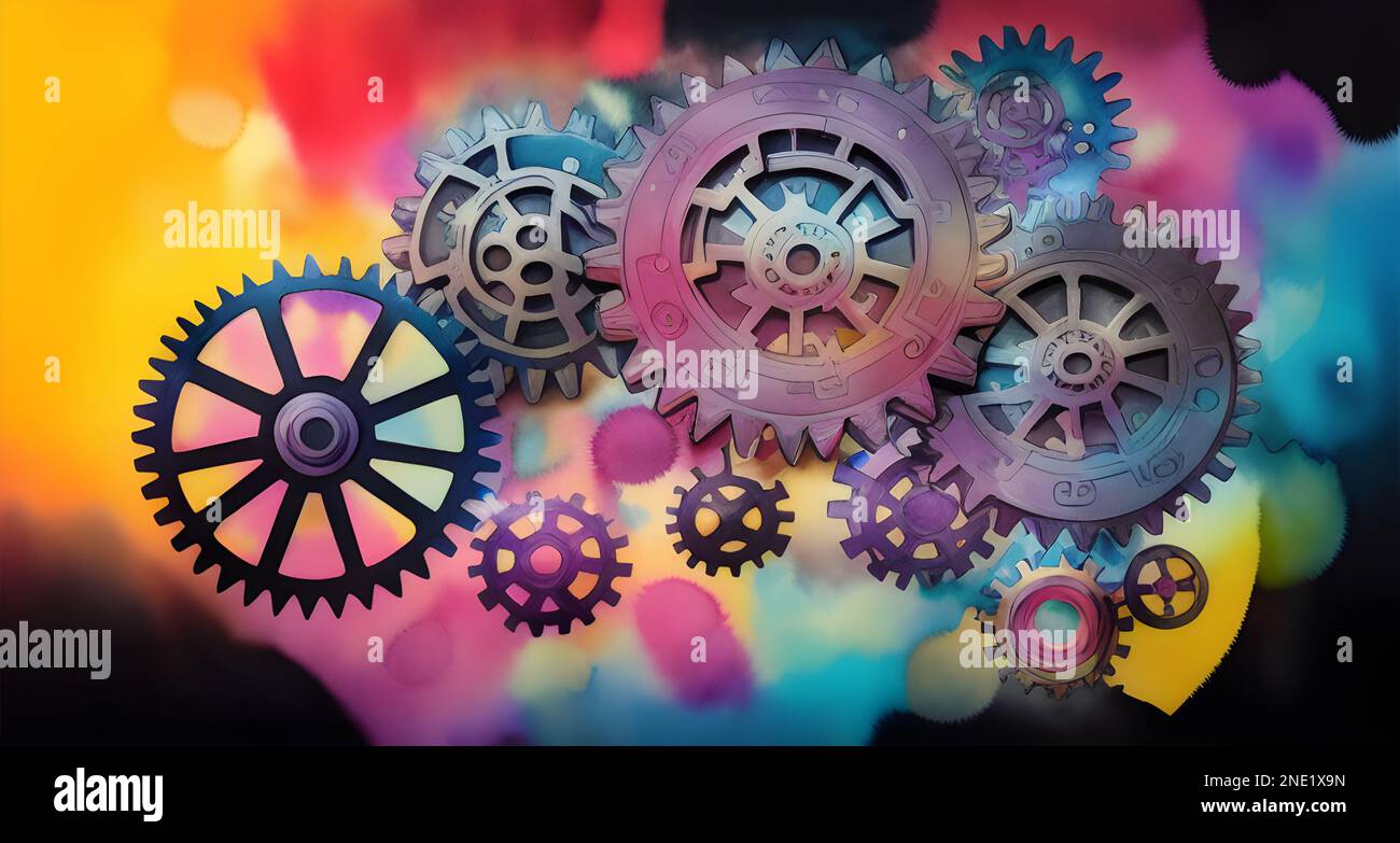 Multi-colored gears on a black background, for interior design in a ...