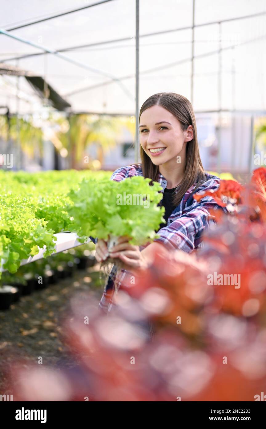 Portrait of a beautiful millennial Caucasian female hydroponic farm ...