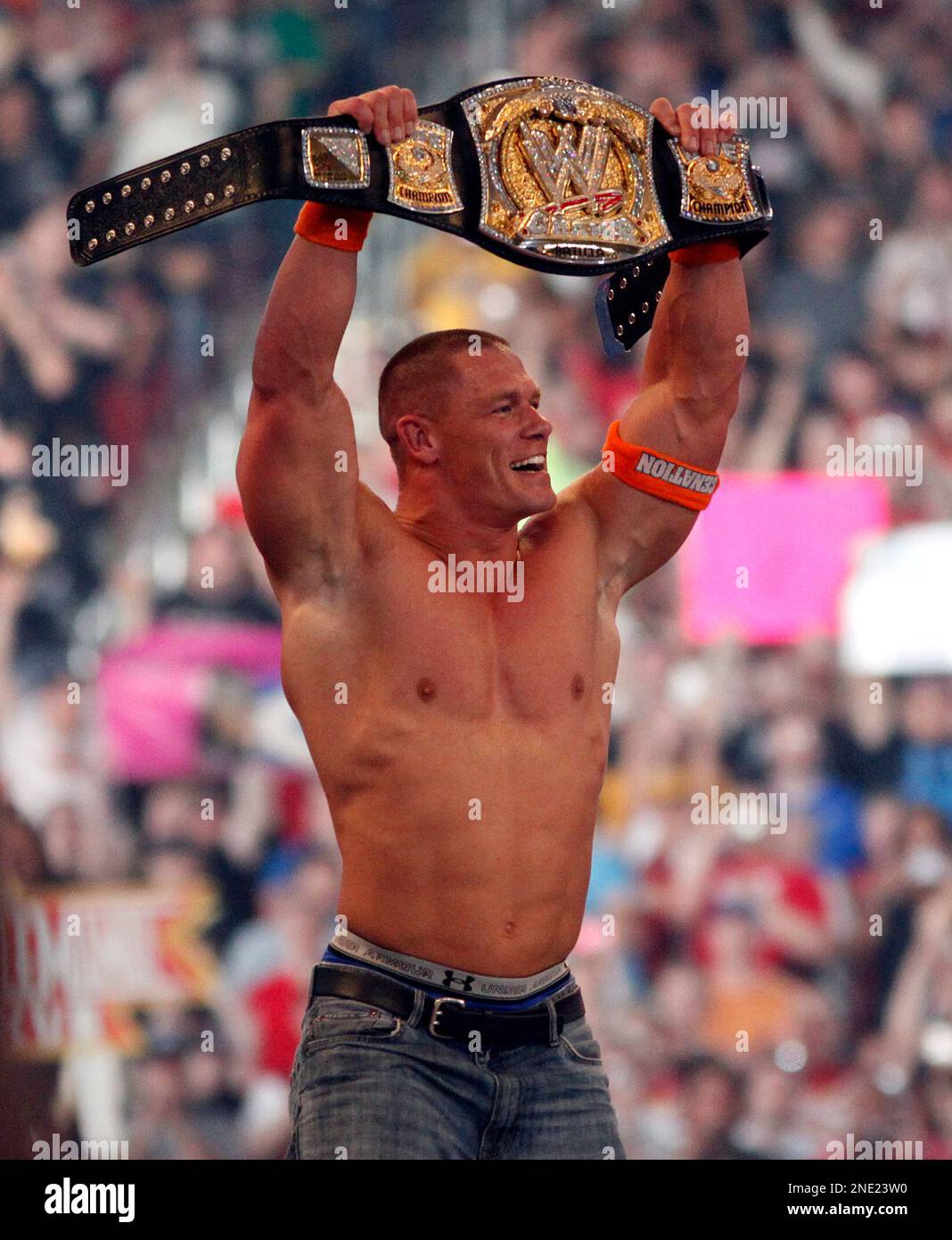 WWE Superstar John Cena celebrates winning WWE the Championship at ...