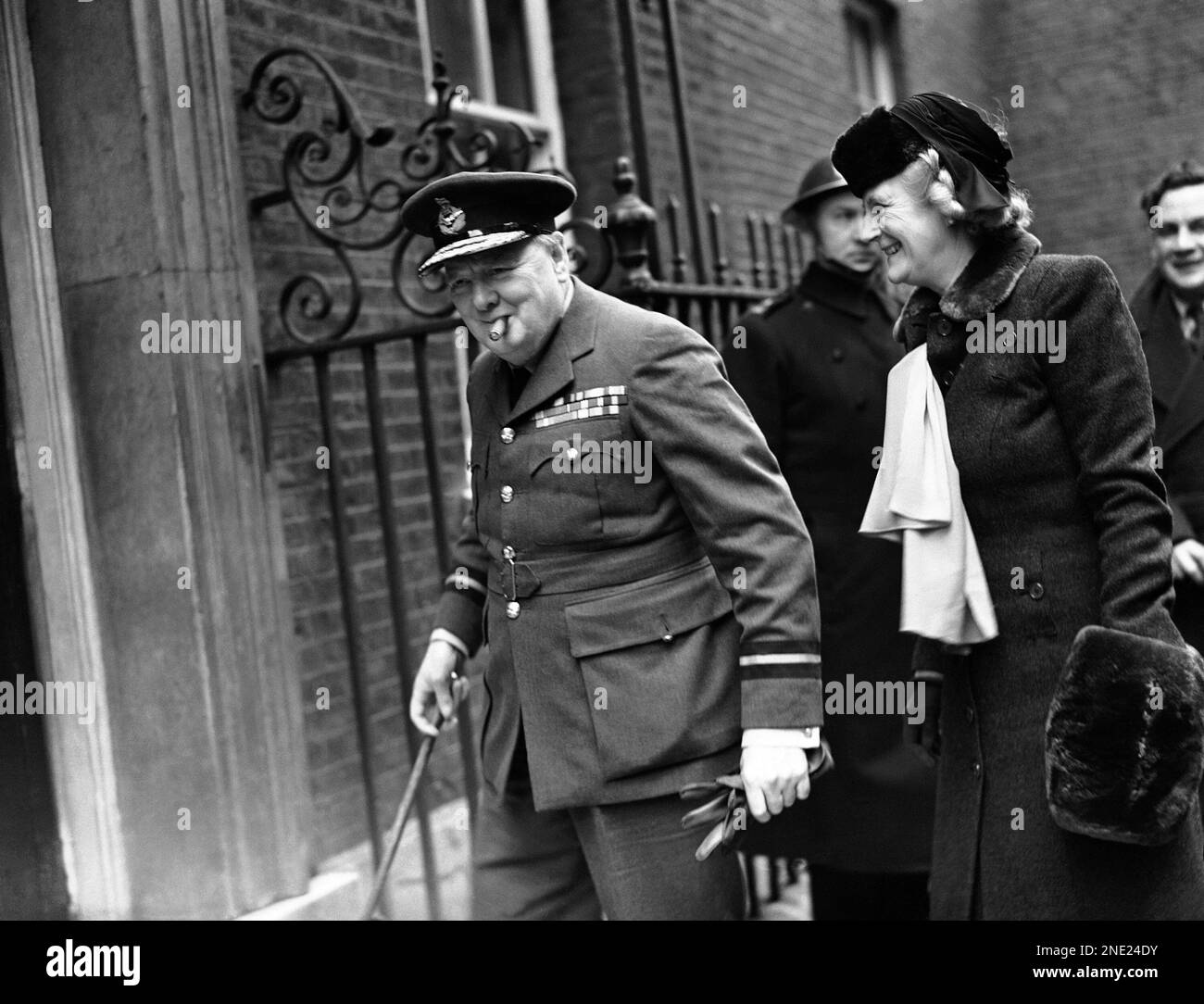Britain's Prime Minister Winston Churchill wearing the uniform of Air Commodore, entering No. 10 ...