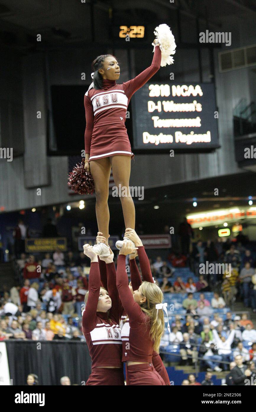 The Mississippi State cheerleaders perform during an NCAA Dayton ...