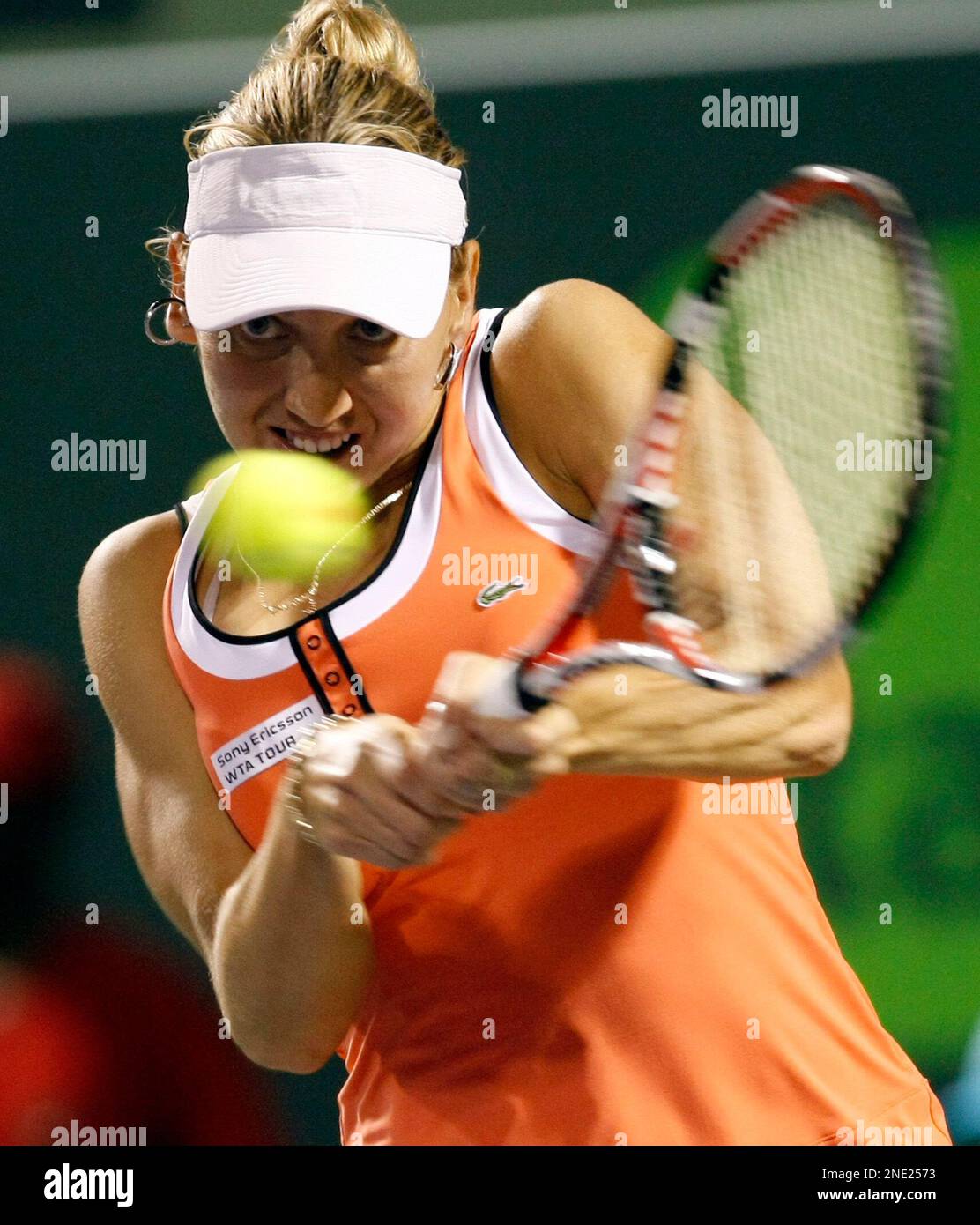 Elena Vesnina, of Russia, returns to Jelena Jankovic, of Serbia, during ...