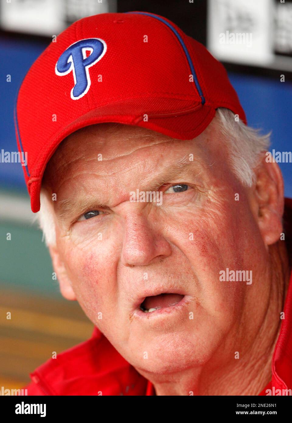 Philadelphia Phillies manager Charlie Manuel sits in the dugout during ...