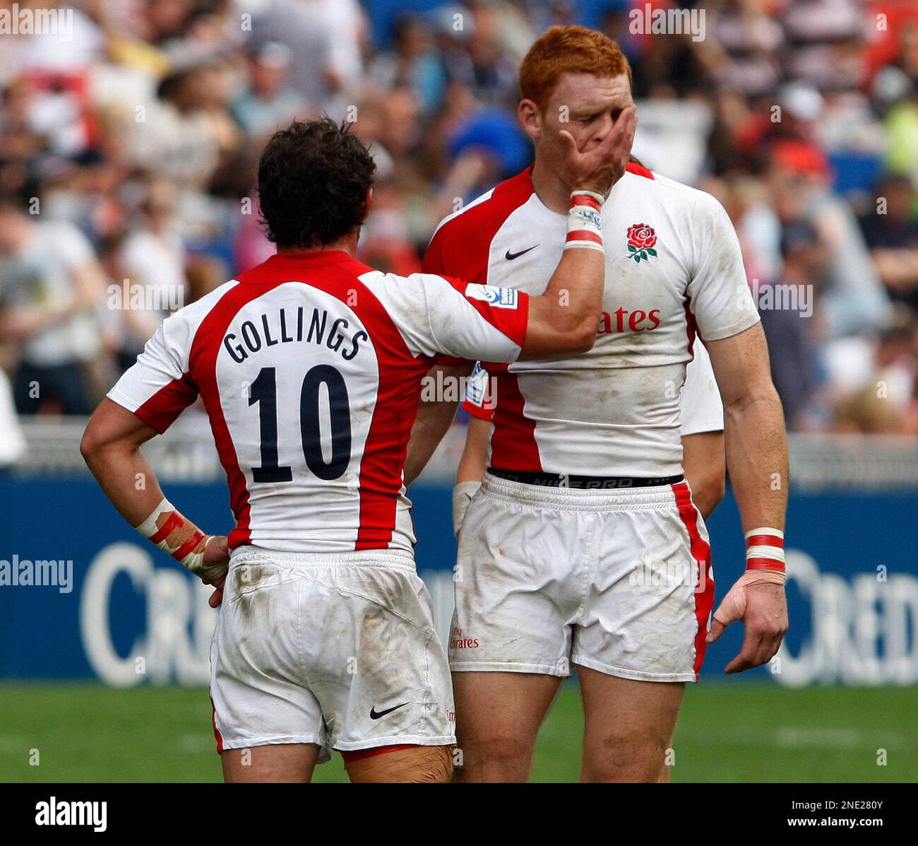 England's Ben Gollings, left, and James Rodwell, right, react after ...