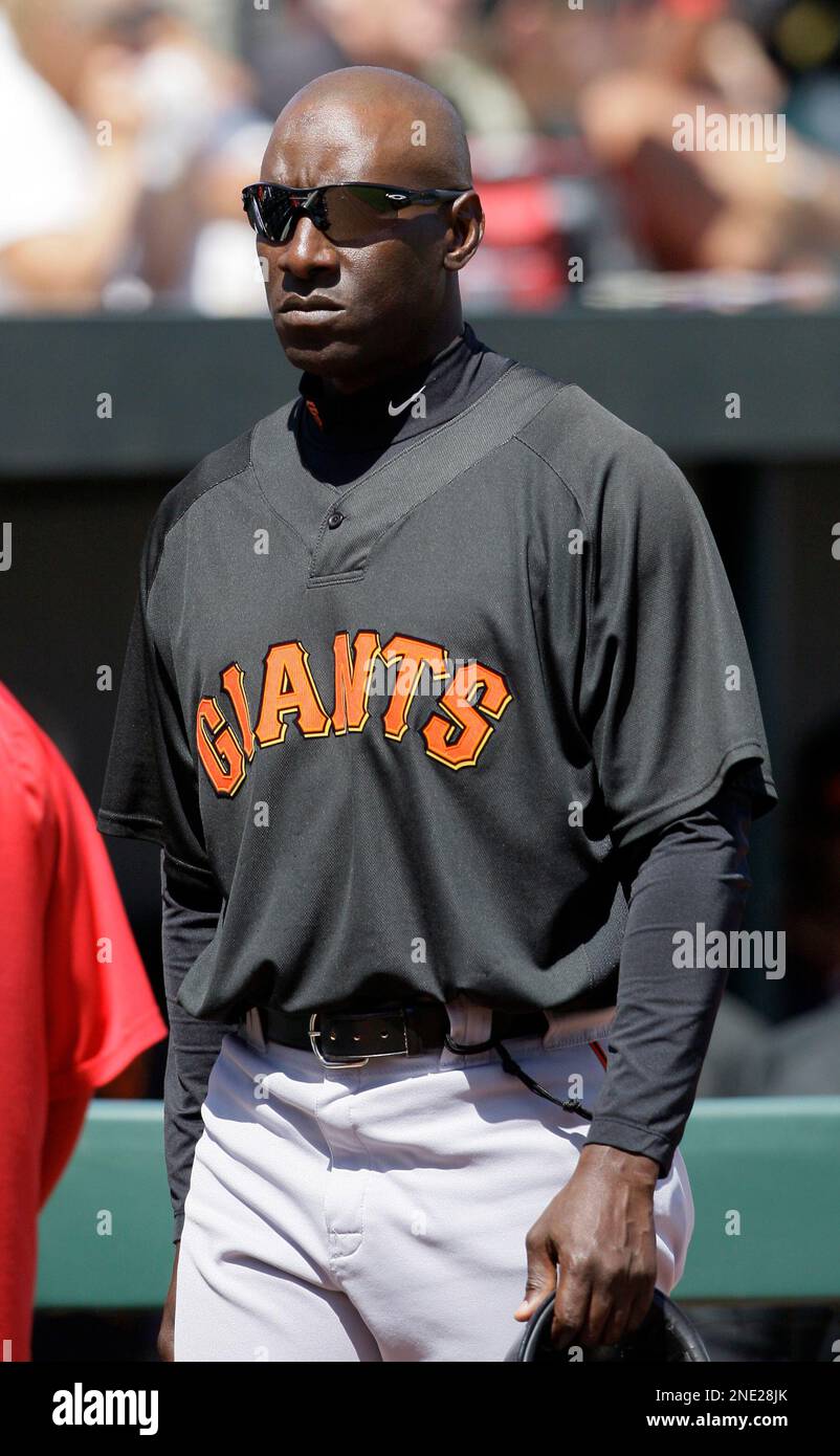 San Francisco Giants coach Roberto Kelly against the Los Angeles Angels ...